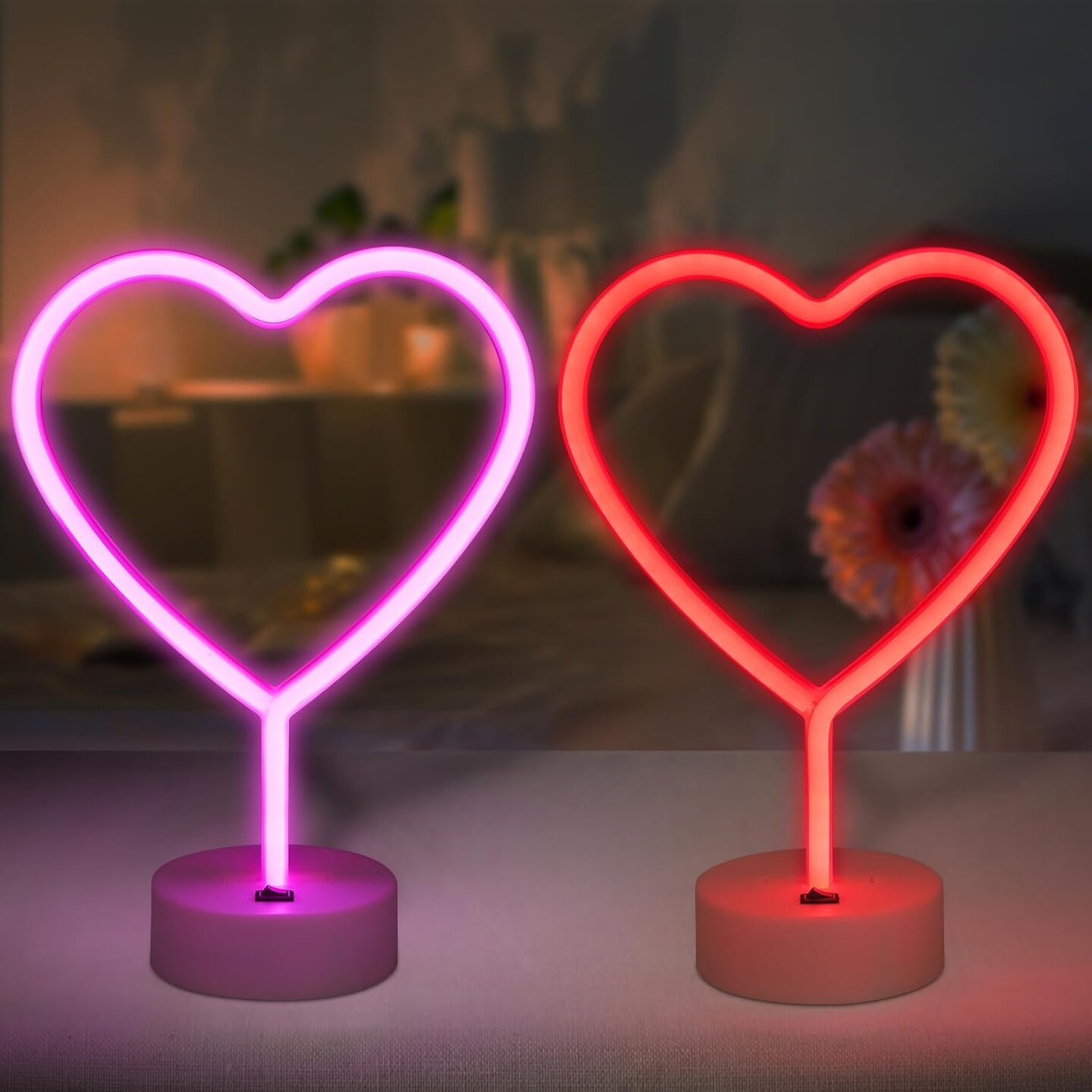 2 Pack Heart Neon Signs, LED Pink Heart Neon Sign Battery Operated or ...