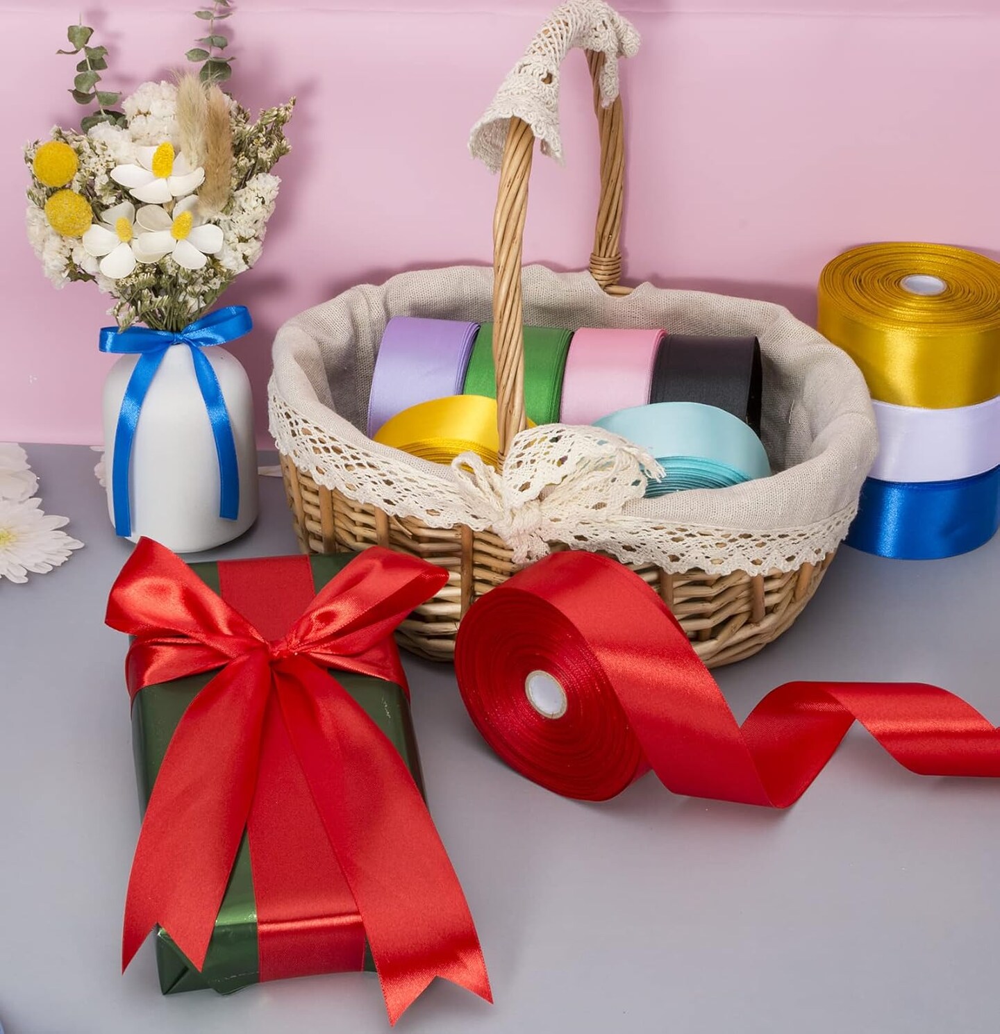 1 1/2 Inch Red Solid Satin Ribbon, 50 Yards Craft Fabric Ribbon for ...