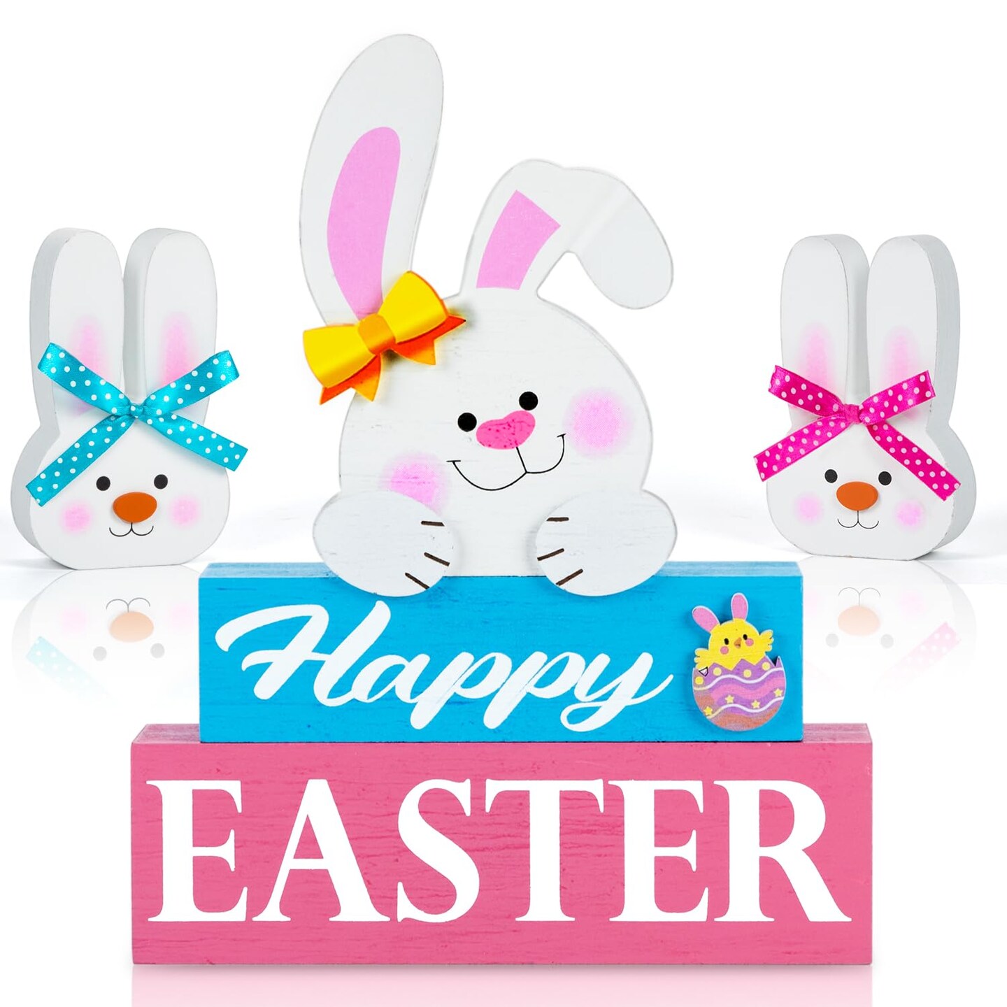 5 Pcs Easter Decorations for the Home Happy Easter Bunny Wooden Block Table Sign with 2 Wooden ...
