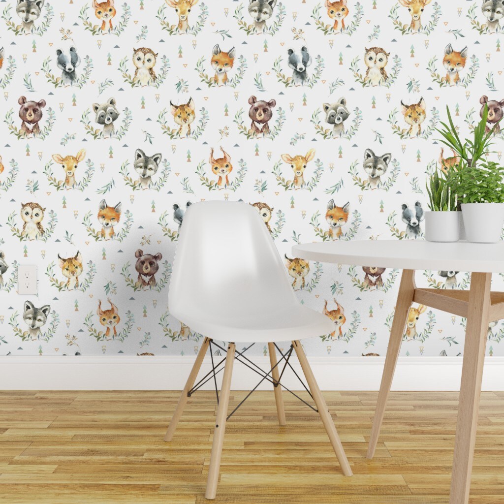 Pre-Pasted Wallpaper 2FT Wide Woodland Animal Faces Bear Fox Raccoon ...