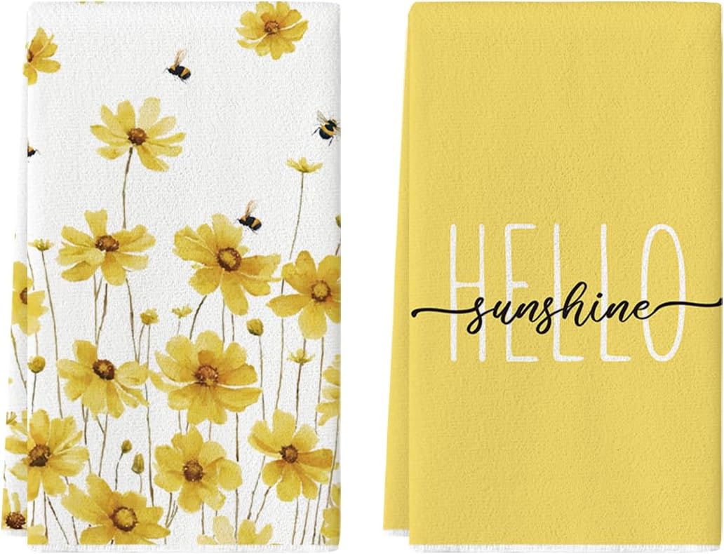 Yellow Flowers Bee Hello Sunshine Spring Kitchen Towels Dish Towels ...