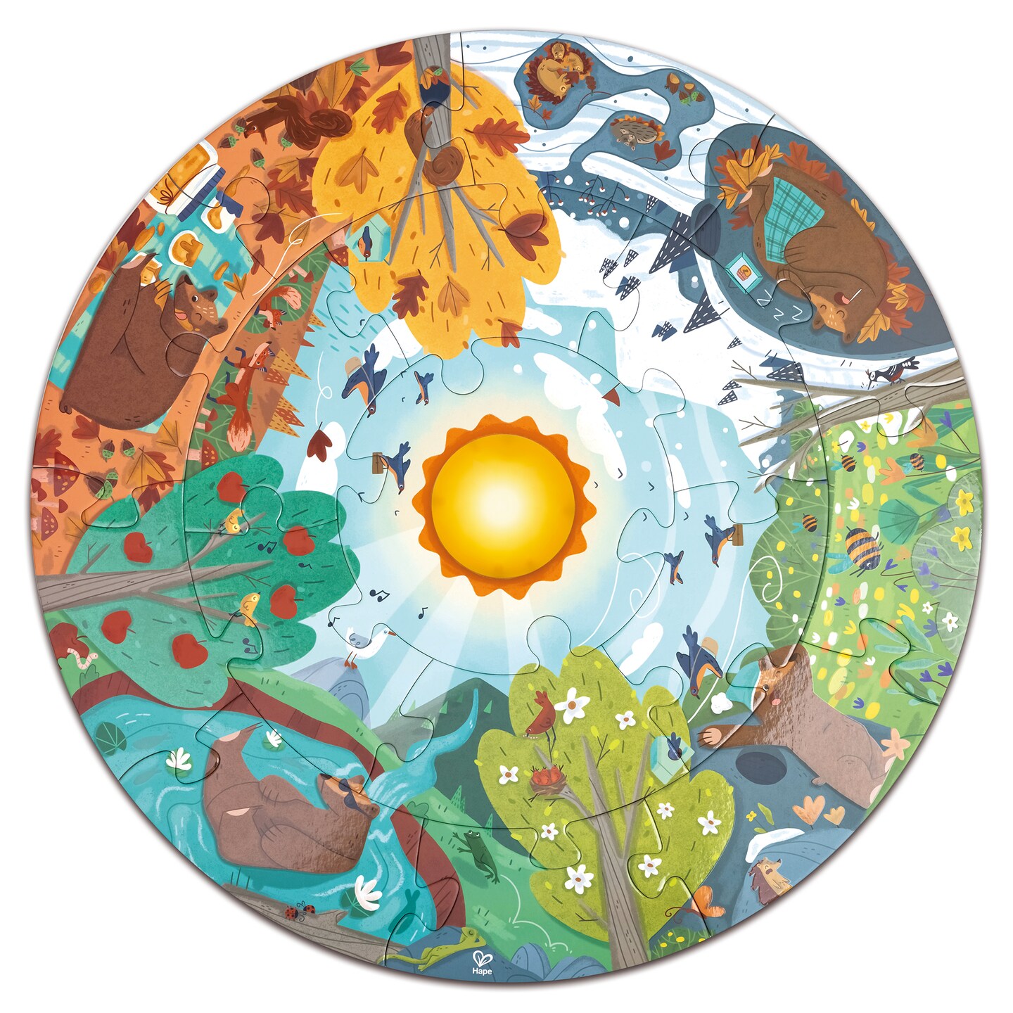 Hape: Four Seasons Puzzle - 16pcs, Circle Puzzle, LED Sun, Animal ...