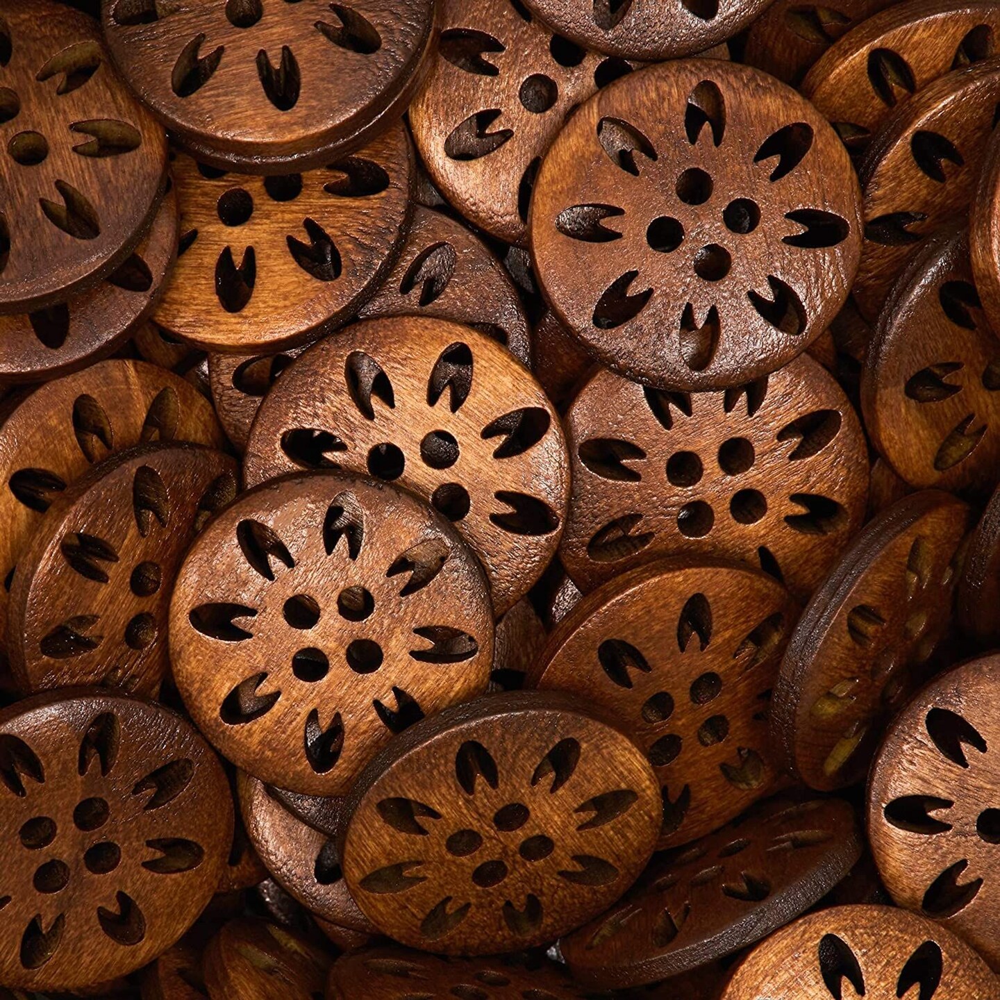 Floral Carved Wood Buttons for Crafts (4 Holes, 100-Pack), Color: Brown ...