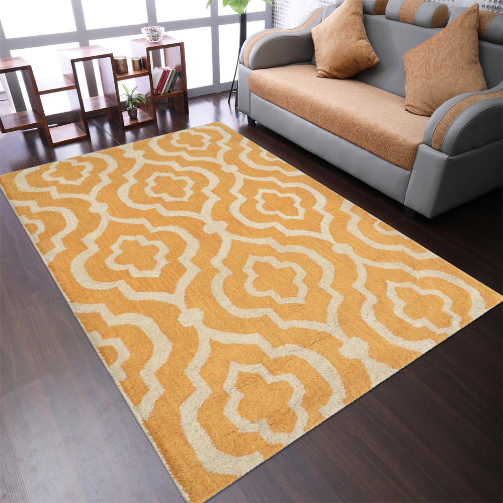 Hand Tufted Wool Area Rug 5X8 Geometric Gold White K00539 Eco-Friendly ...