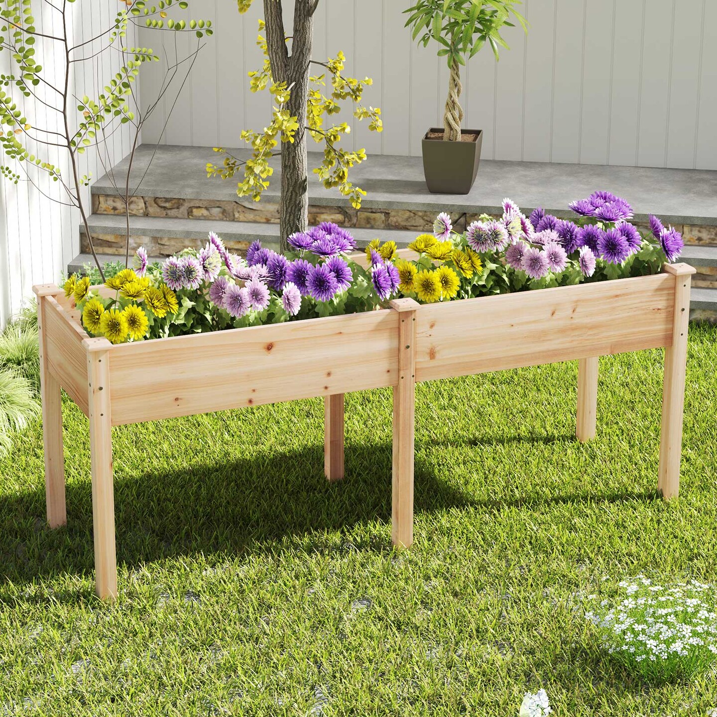 Natural Fir Wood Raised Planter Box with 2 Sections and Reinforced ...