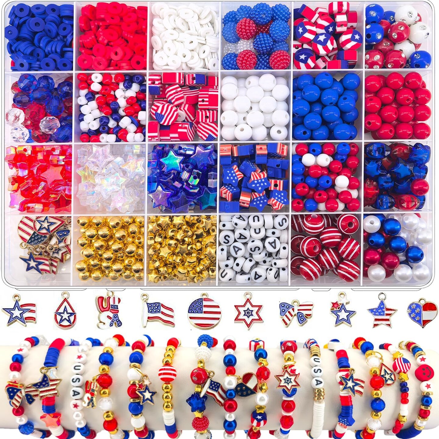 1760Pcs Red White and Blue Beads for Bracelets Kit, 4th of July Bead ...