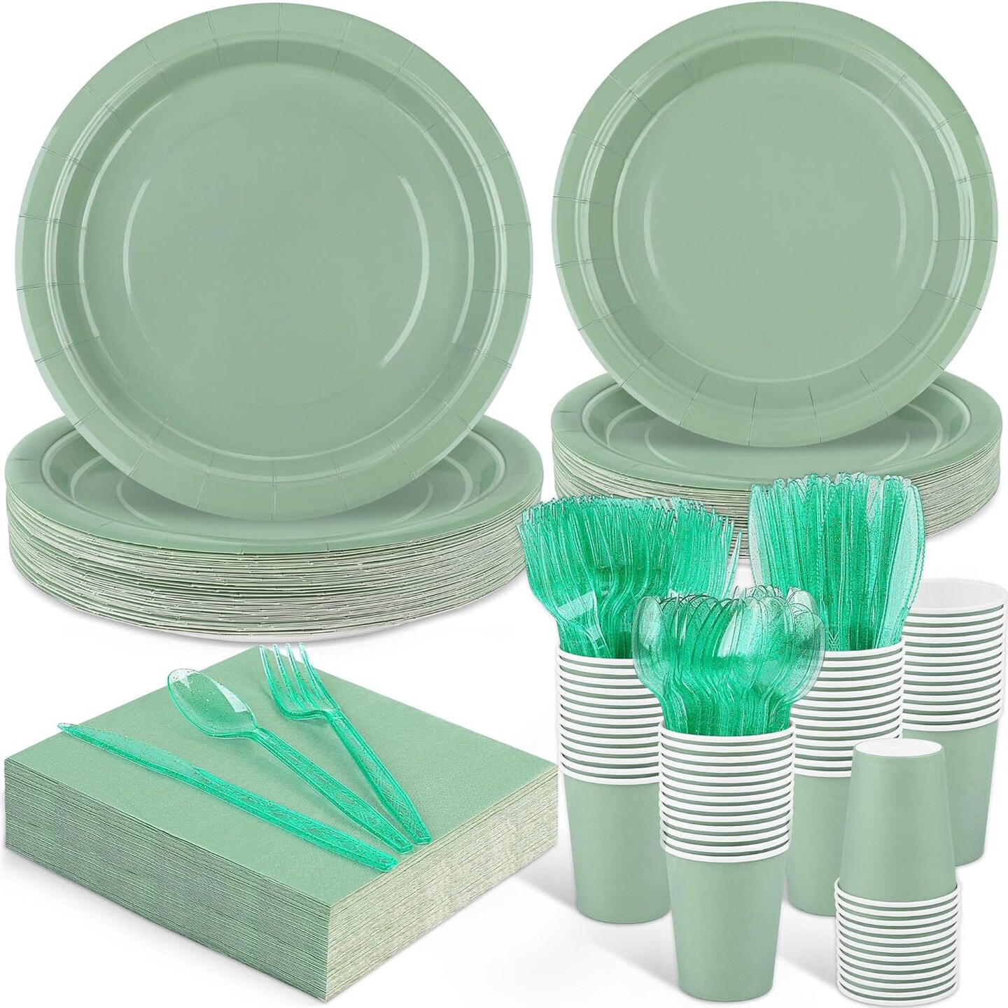 350-Piece Sage Green Party Tableware Set for 50 Guests – Includes 7 ...