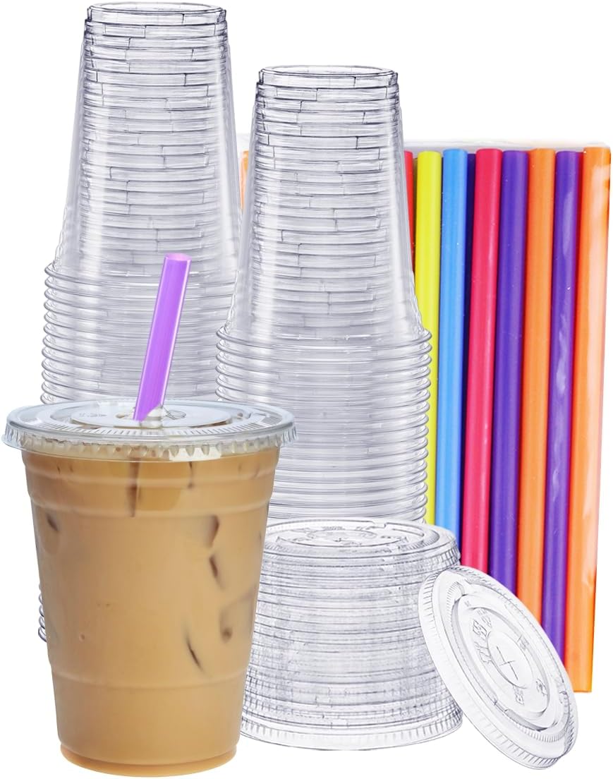 [16 oz. - 100 Count Clear Cups with Flat Lids & Straws - Disposable ...