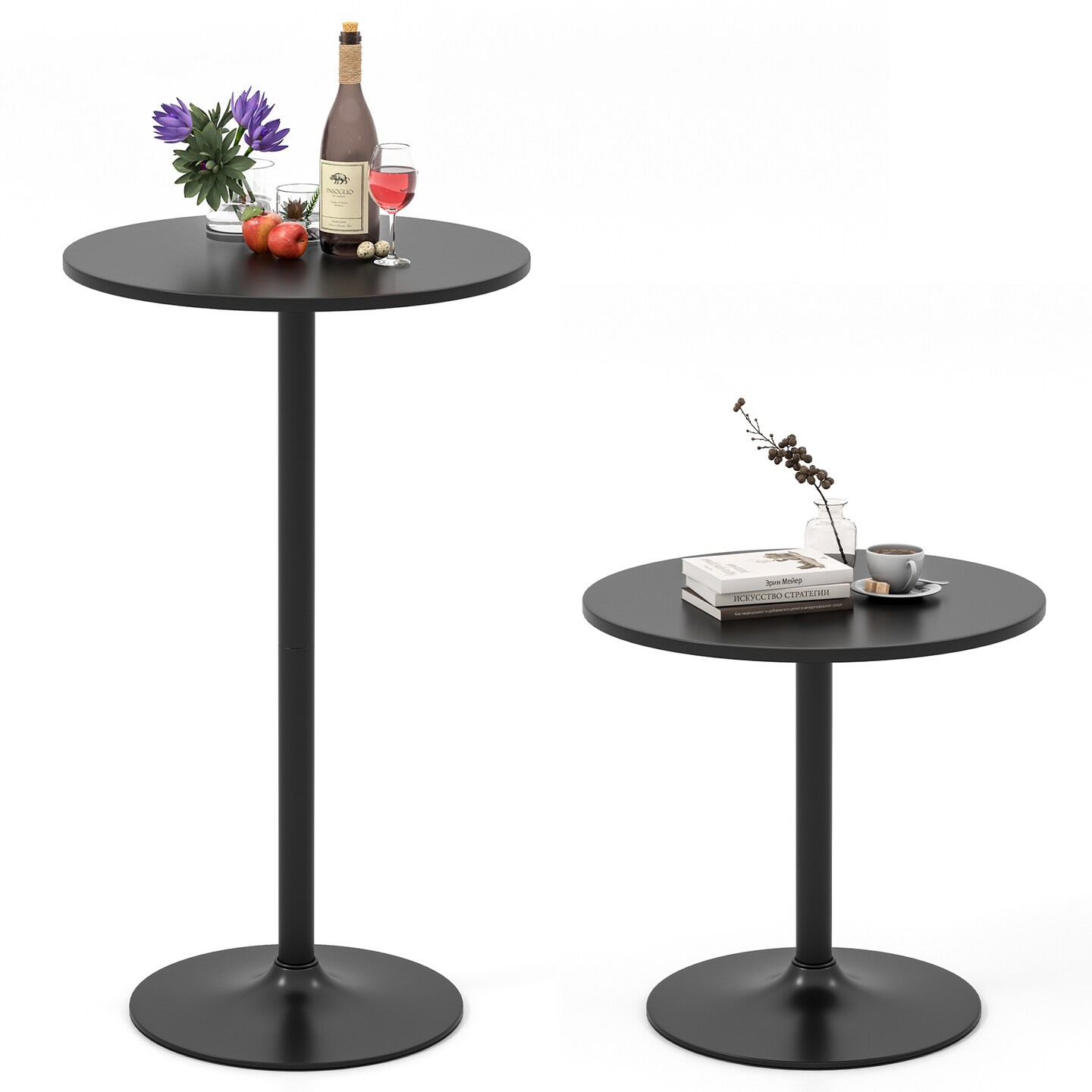 Set of 2 Black Round Bar Table Fixed Desktop Sturdy Iron Base Pub Table ...