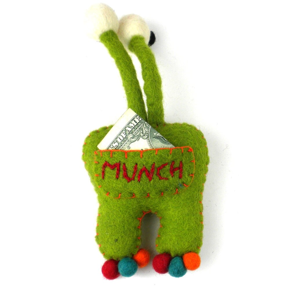 8" x 4" Green Felt Tooth Monster Toy with Tooth Pocket and Bug Eyes ...
