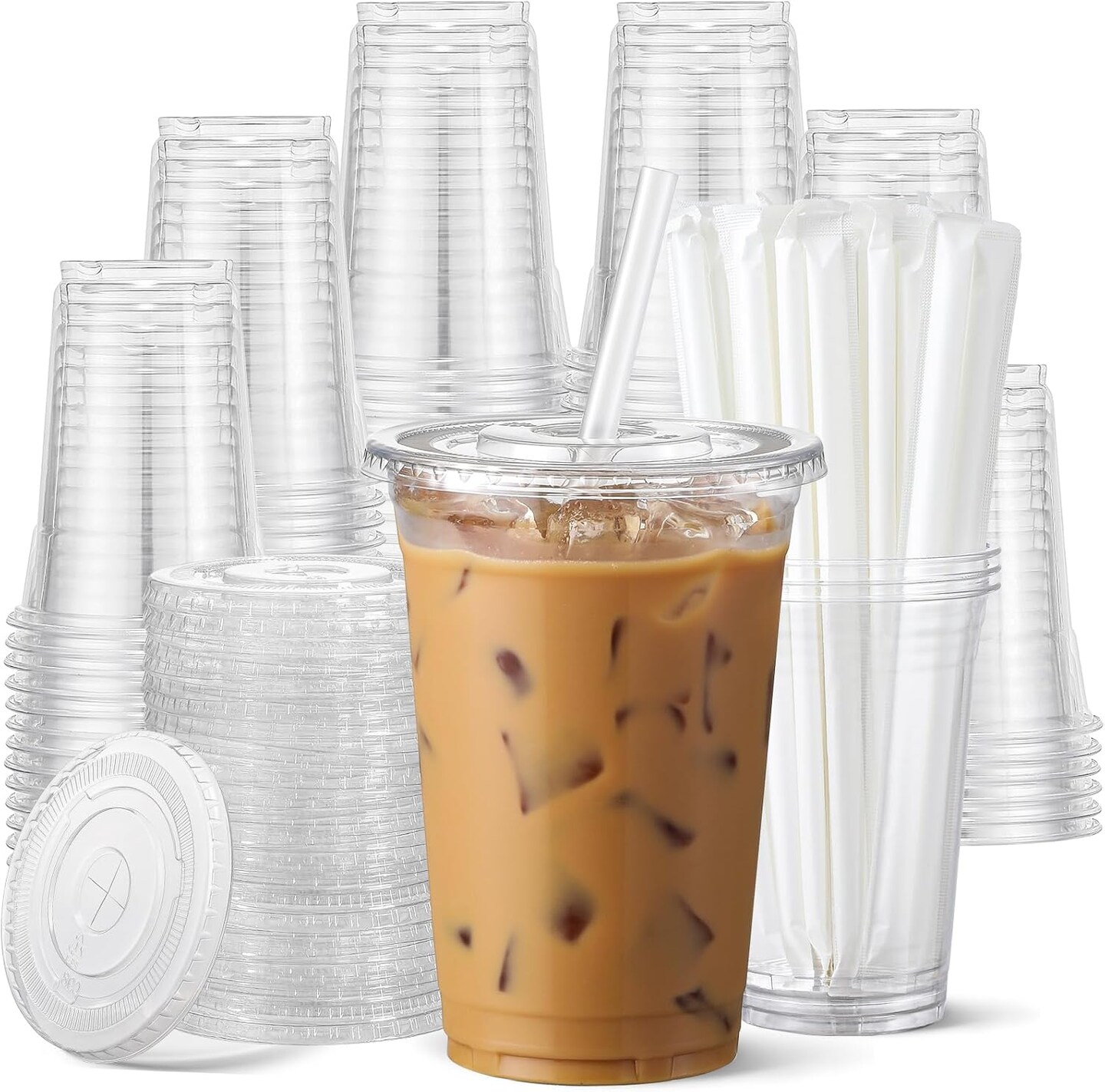 100 Pack 20 oz Disposable Plastic Cups with Lids and Straws, Clear Iced ...