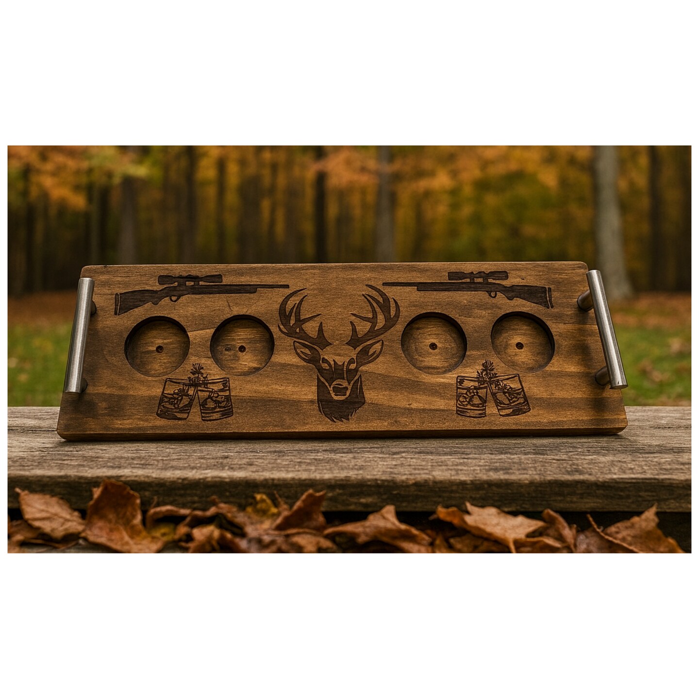 Engraved Hunting Theme Whiskey Flight – 4 Glass Holder with Recipe QR ...