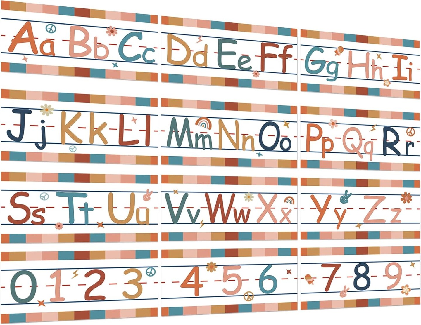 12 PCS Alphabet Bulletin Board Set Retro Groovy ABC Posters and 0-9 ...