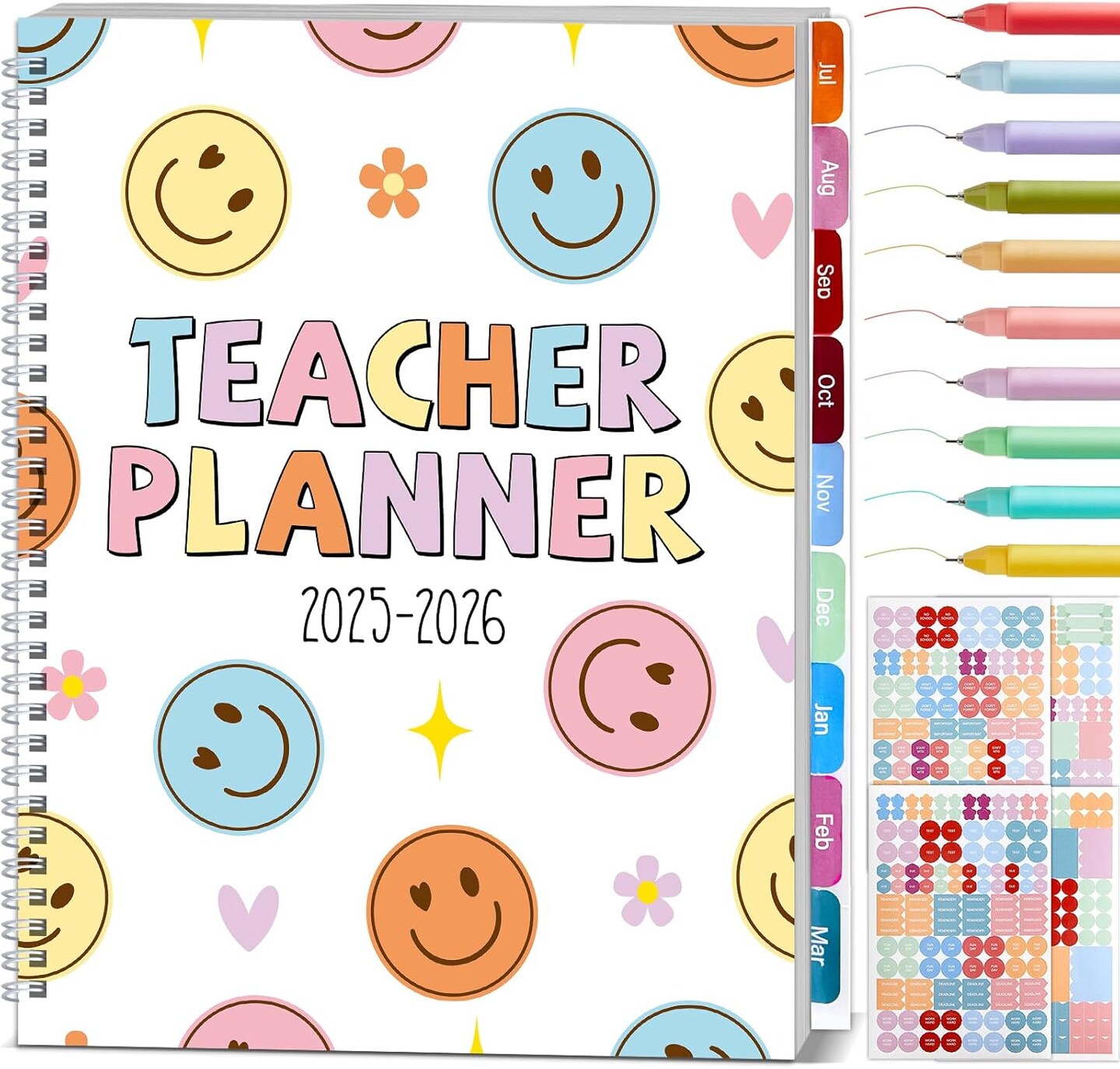 11PCS 2025-2026 Teacher Planner with 10 Pens - 8.5"x11" (Smile Face ...