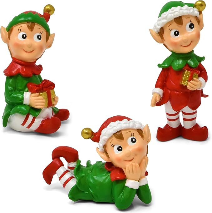 Set of 3 Resin Sitting Laying and Standing Elf Xmas Tabletop Decoration ...