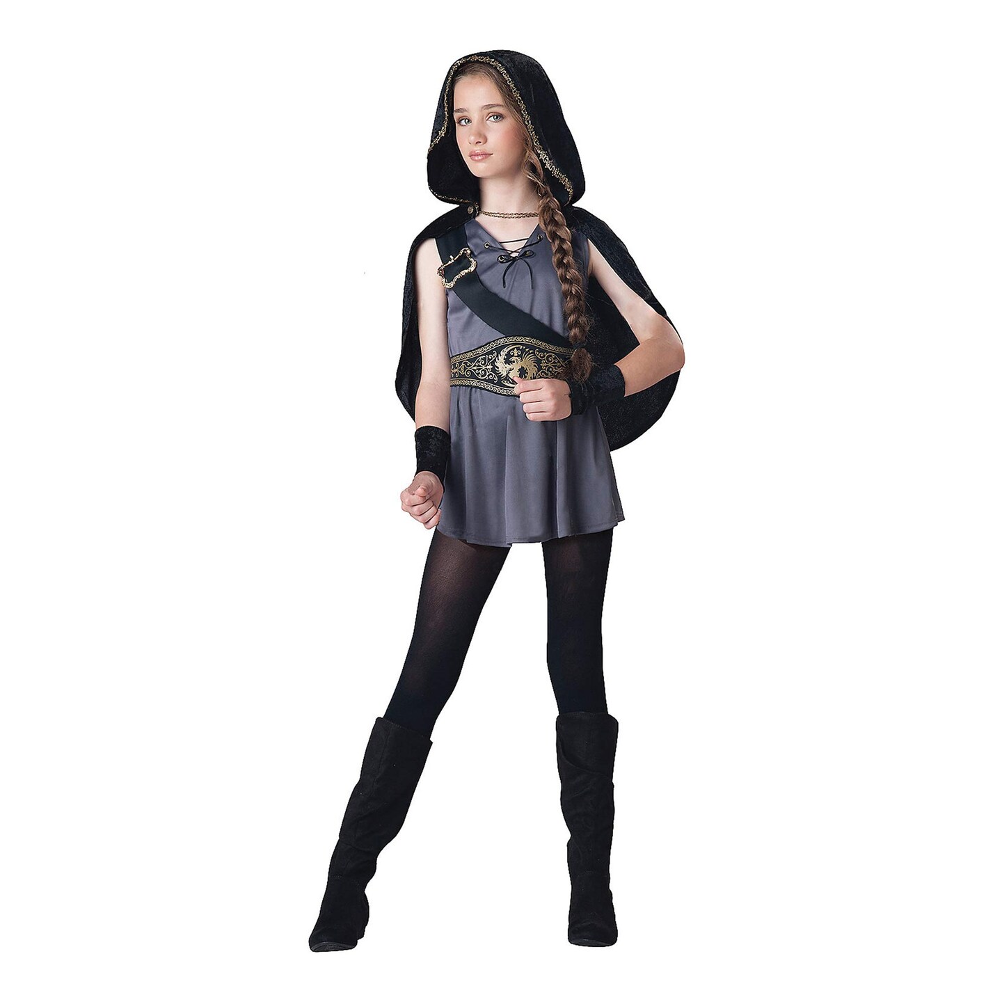 Girls Huntress Costume with Hooded Cape Tunic Dress Gauntlets and Belt ...