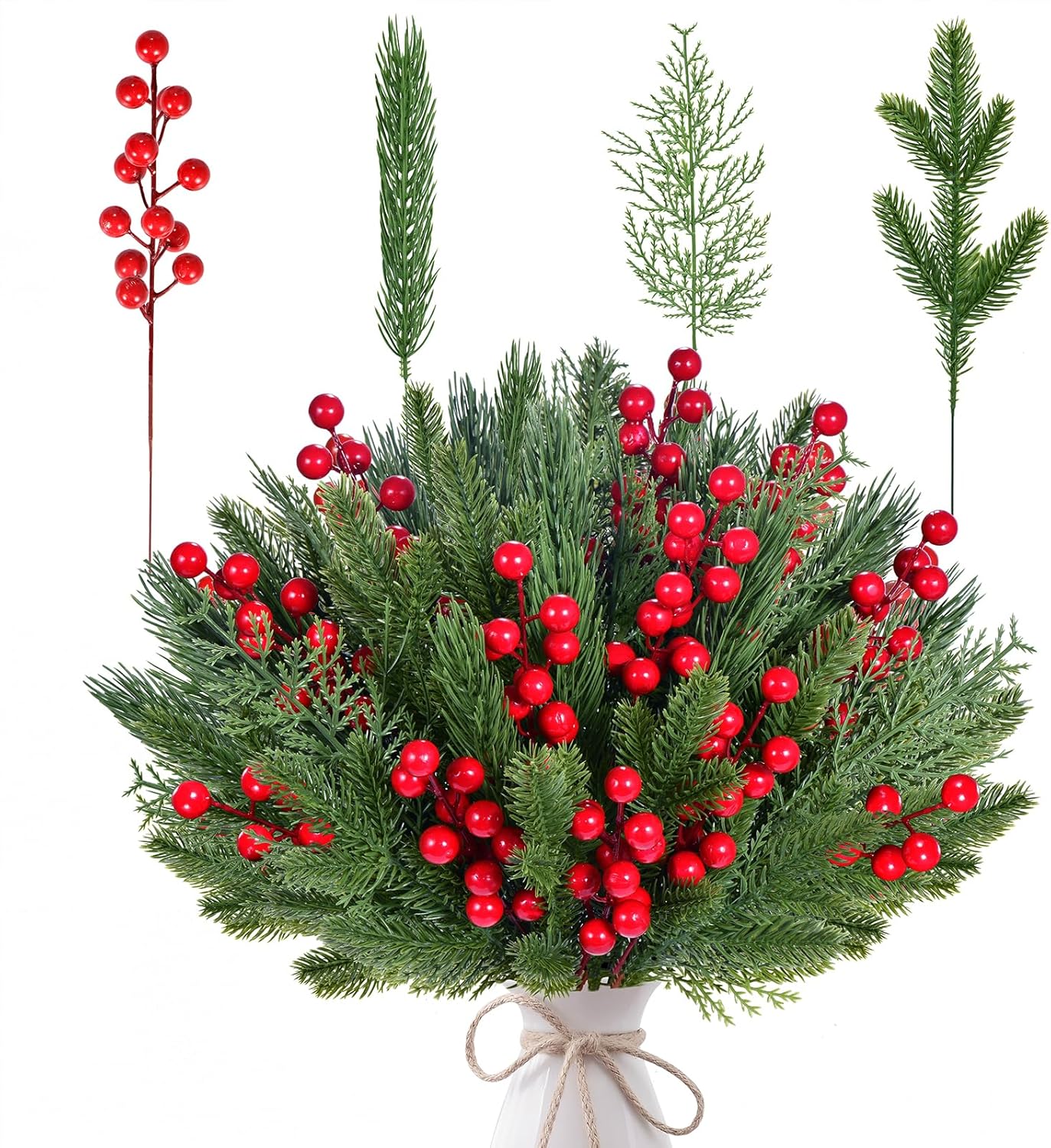 60pcs Christmas Artificial Pine Sprigs Branches with Red Berry Stems ...