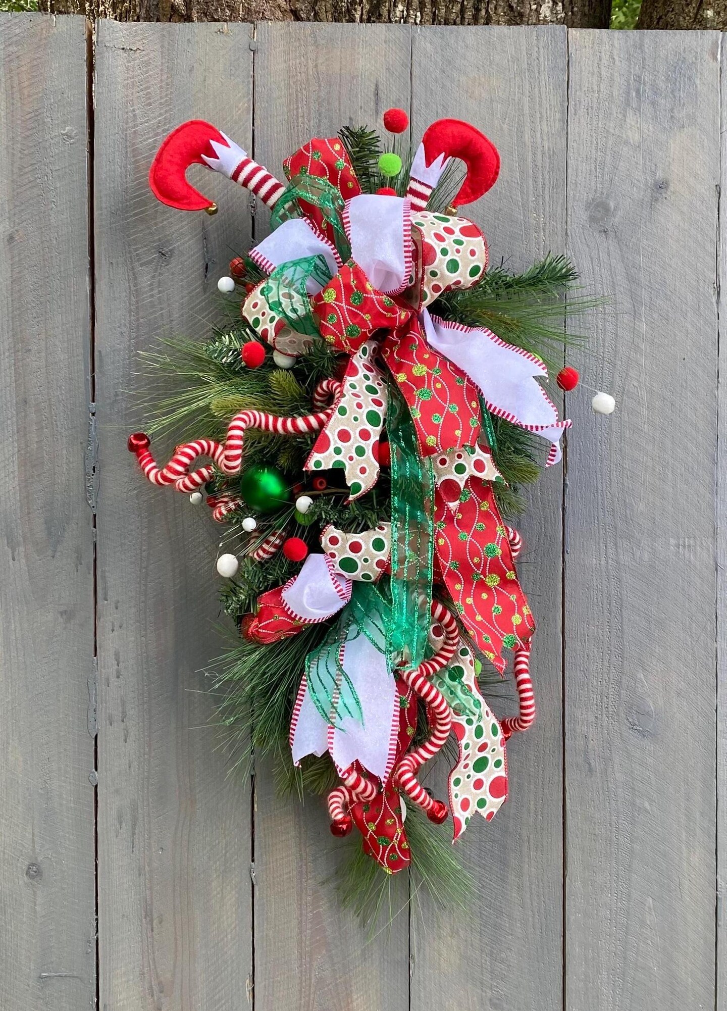 Christmas Teardrop Door Swag with Elf Legs, Fun Front Door Wreath ...