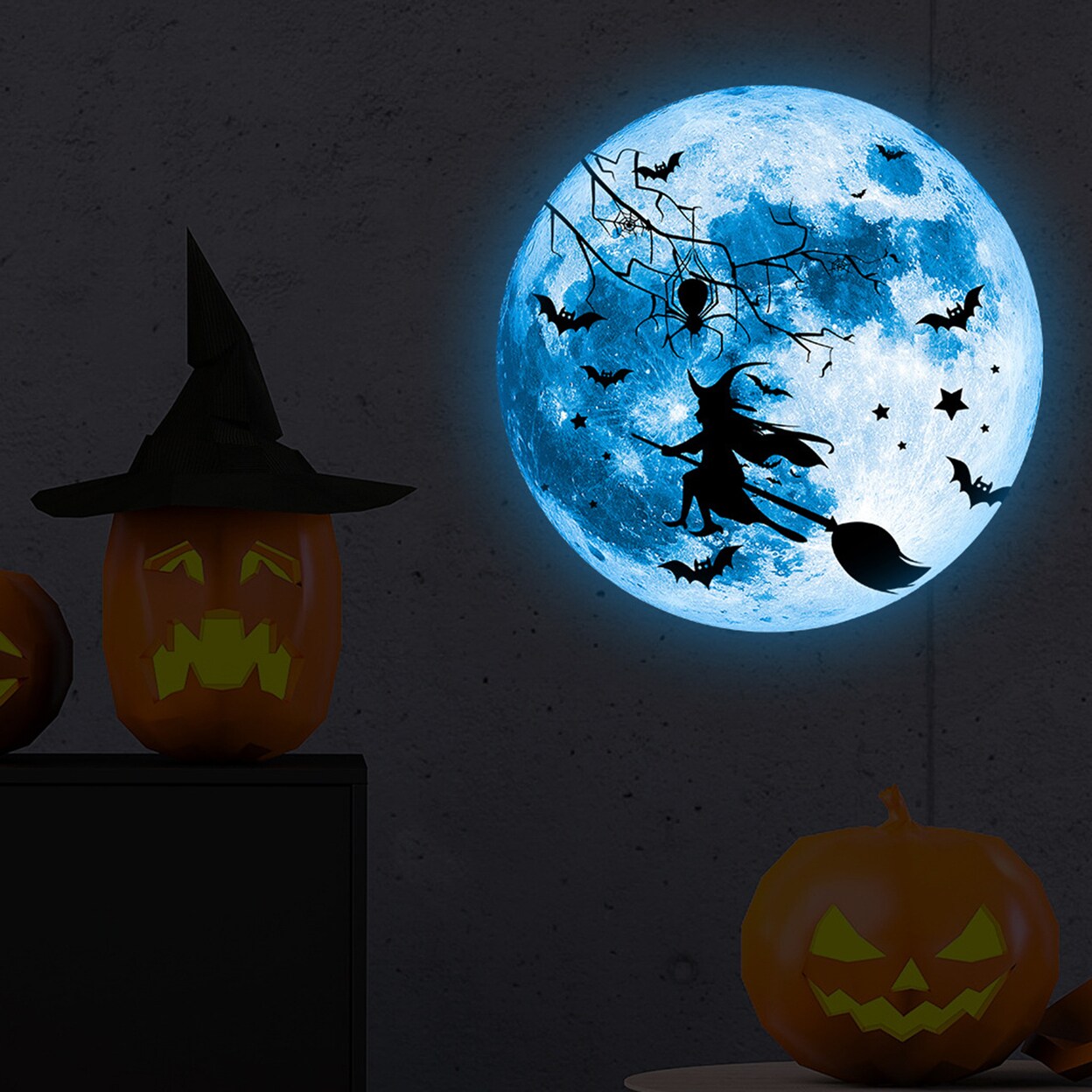 Halloween Moon Wall Sticker Glow In The Dark Witch Bat Spider Web Moon ...