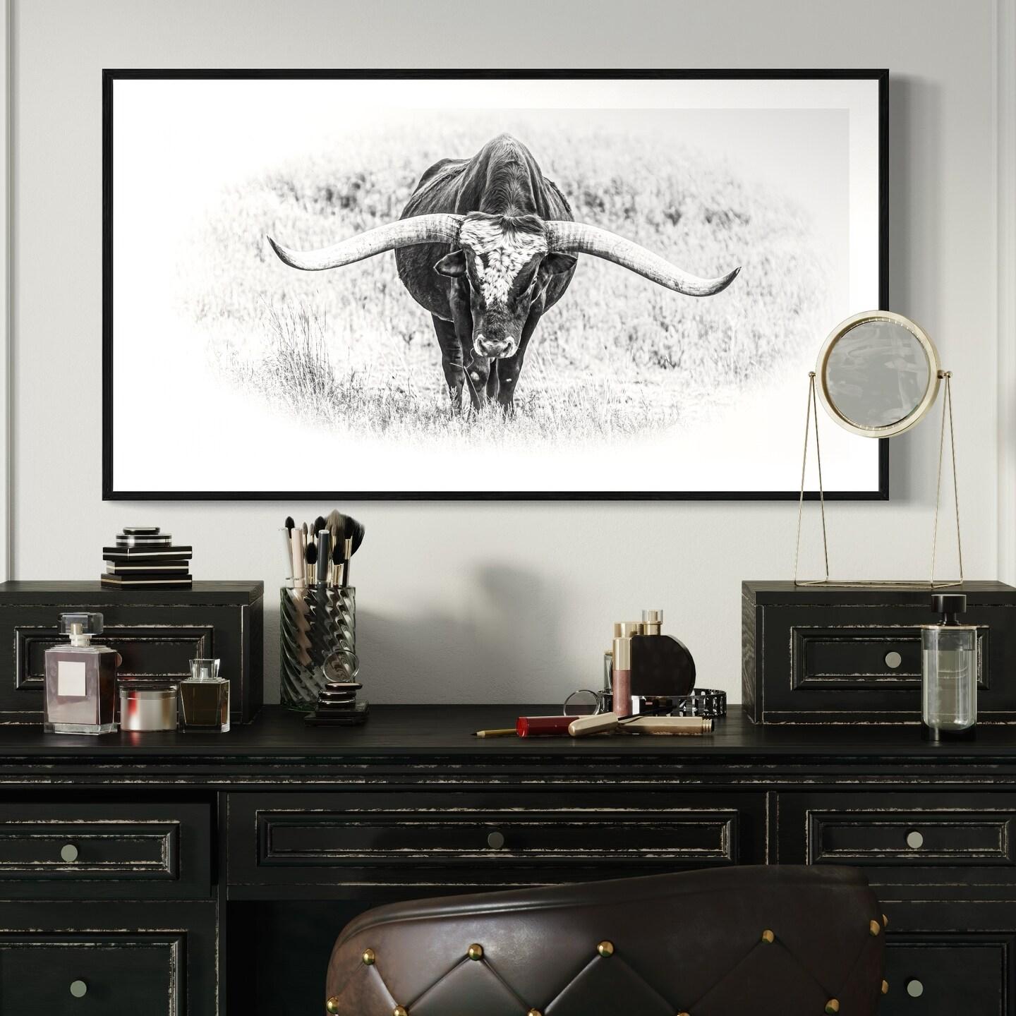 Western Wall Art - Black And White Longhorn Panoramic Canvas - Minimal ...