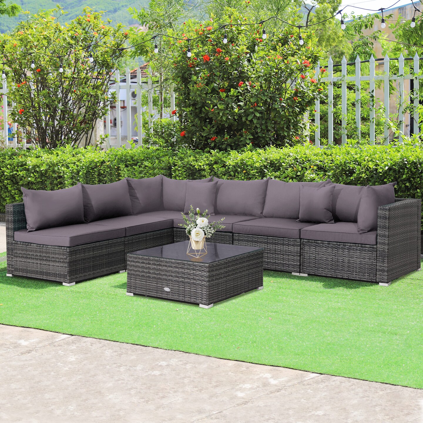 Patio Furniture Set 7 Piece PE Rattan Sectional with Cushions and Table ...