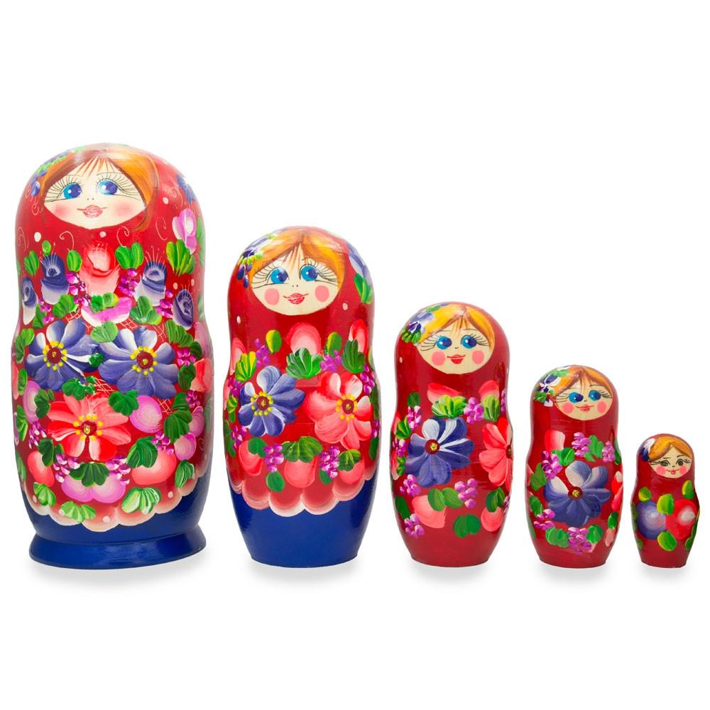 Set of 5 Flowers on Red Scarf Wooden Nesting Dolls 7.25 Inches | Michaels