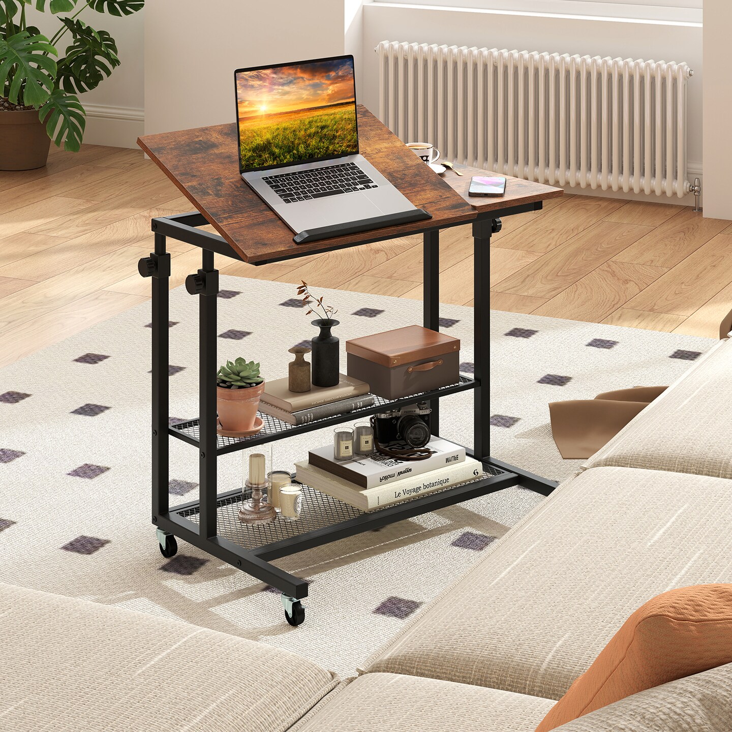 Portable Height Adjustable Desk with Tilt and 2-Tier Storage Shelves ...
