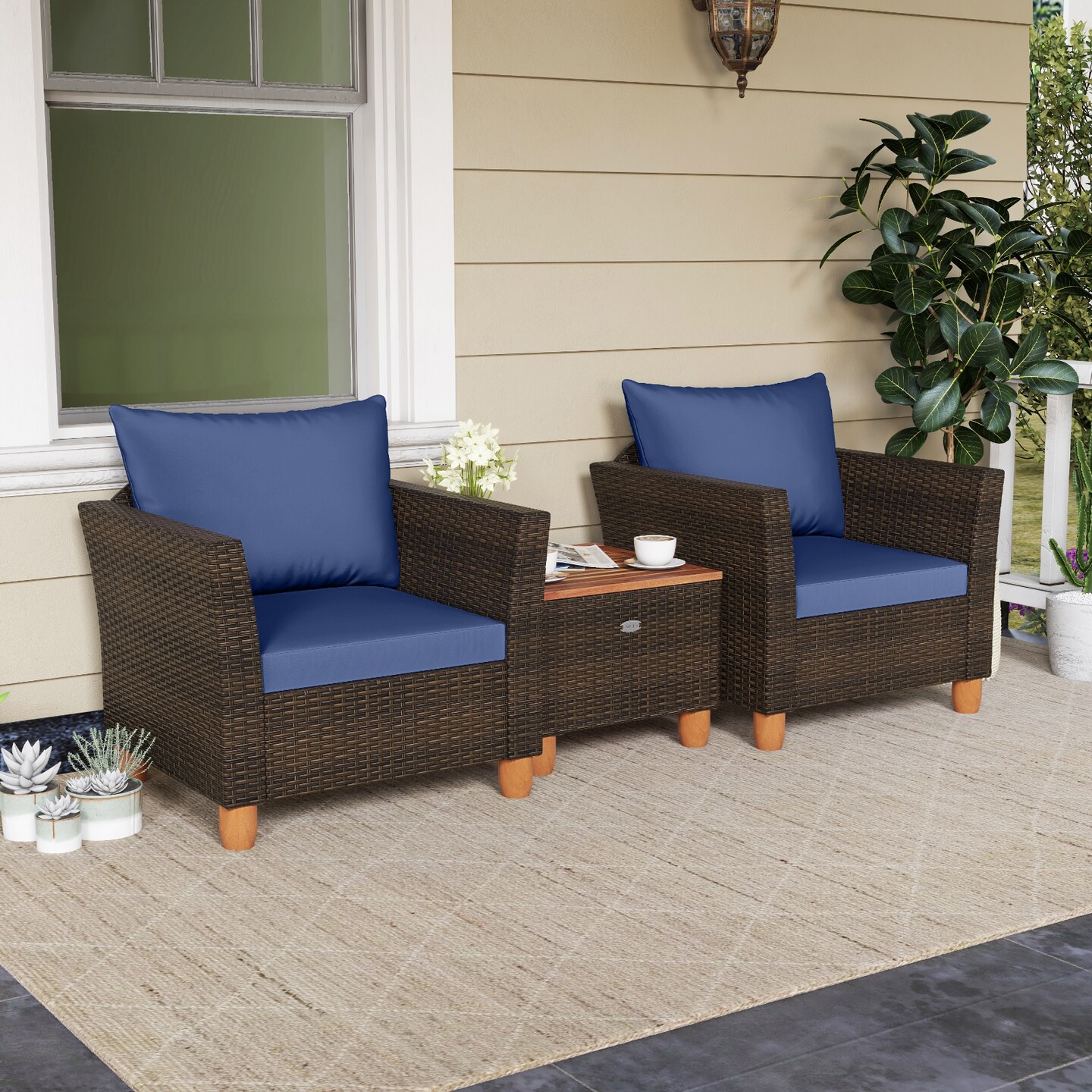 Outdoor PE Wicker Patio Set with Cushions and Acacia Wood Coffee Table ...