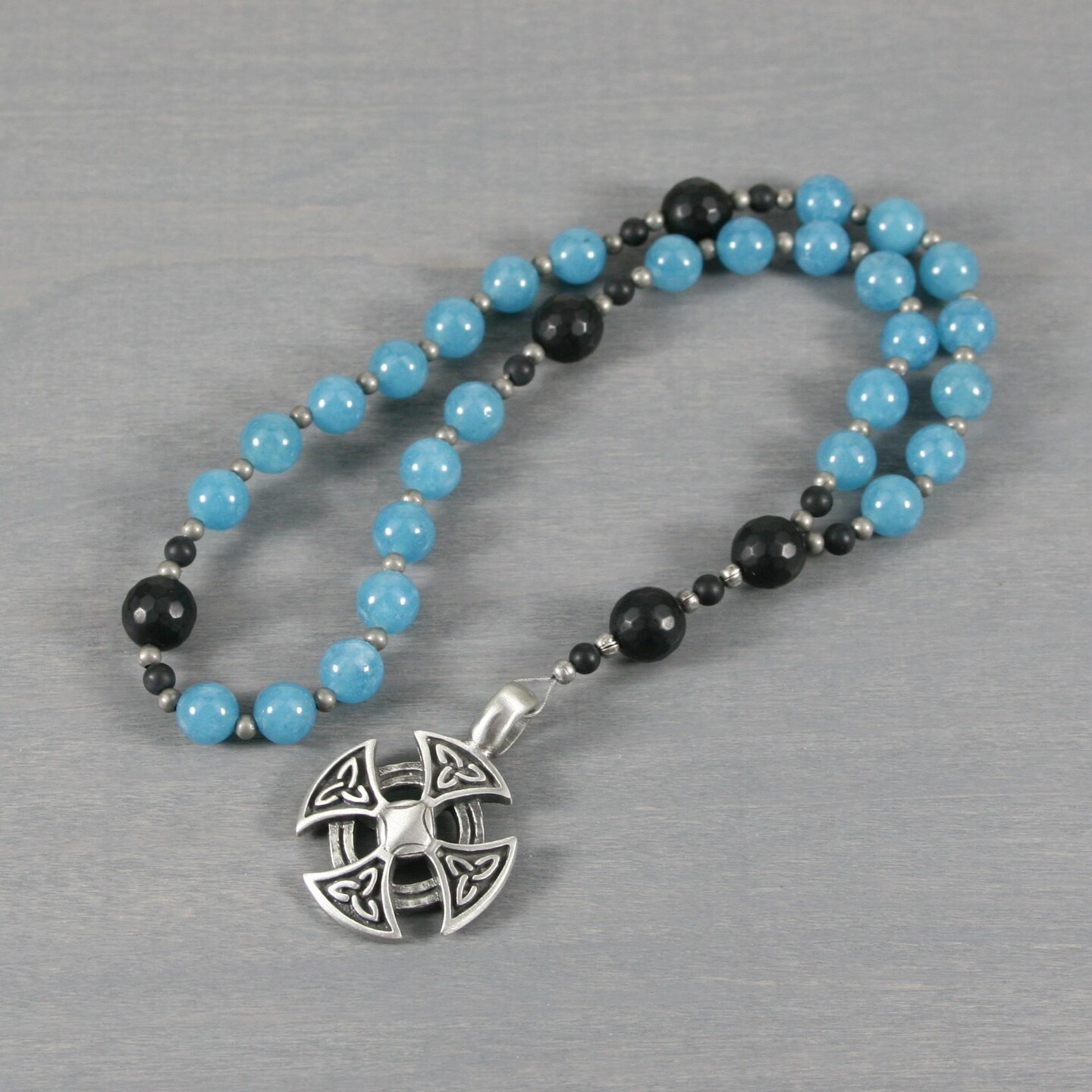 Anglican rosary in teal blue jade and matte black onyx with an Orthodox ...