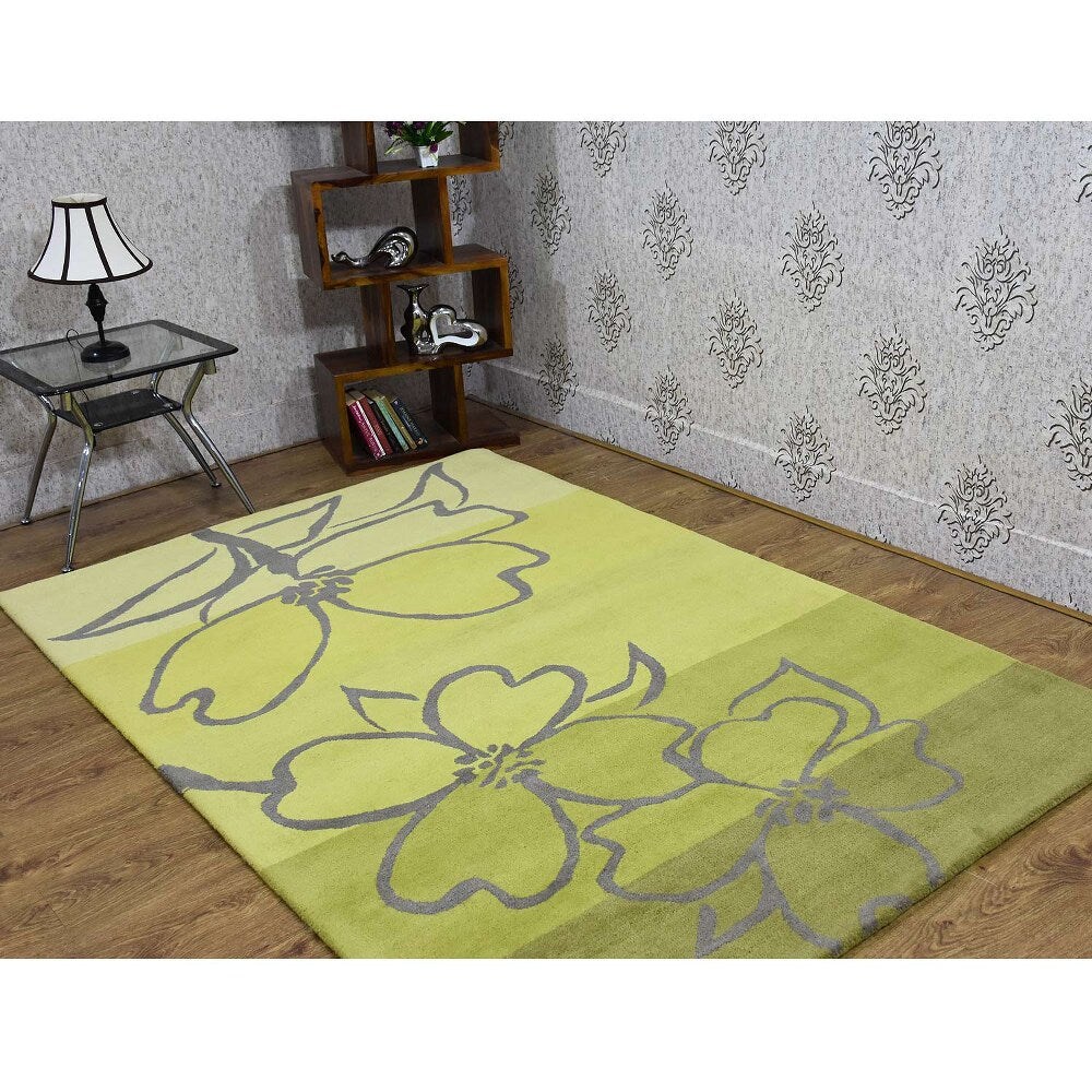 Hand Tufted Wool Area Rug 5X76 Green Floral K03108 Eco-Friendly High ...