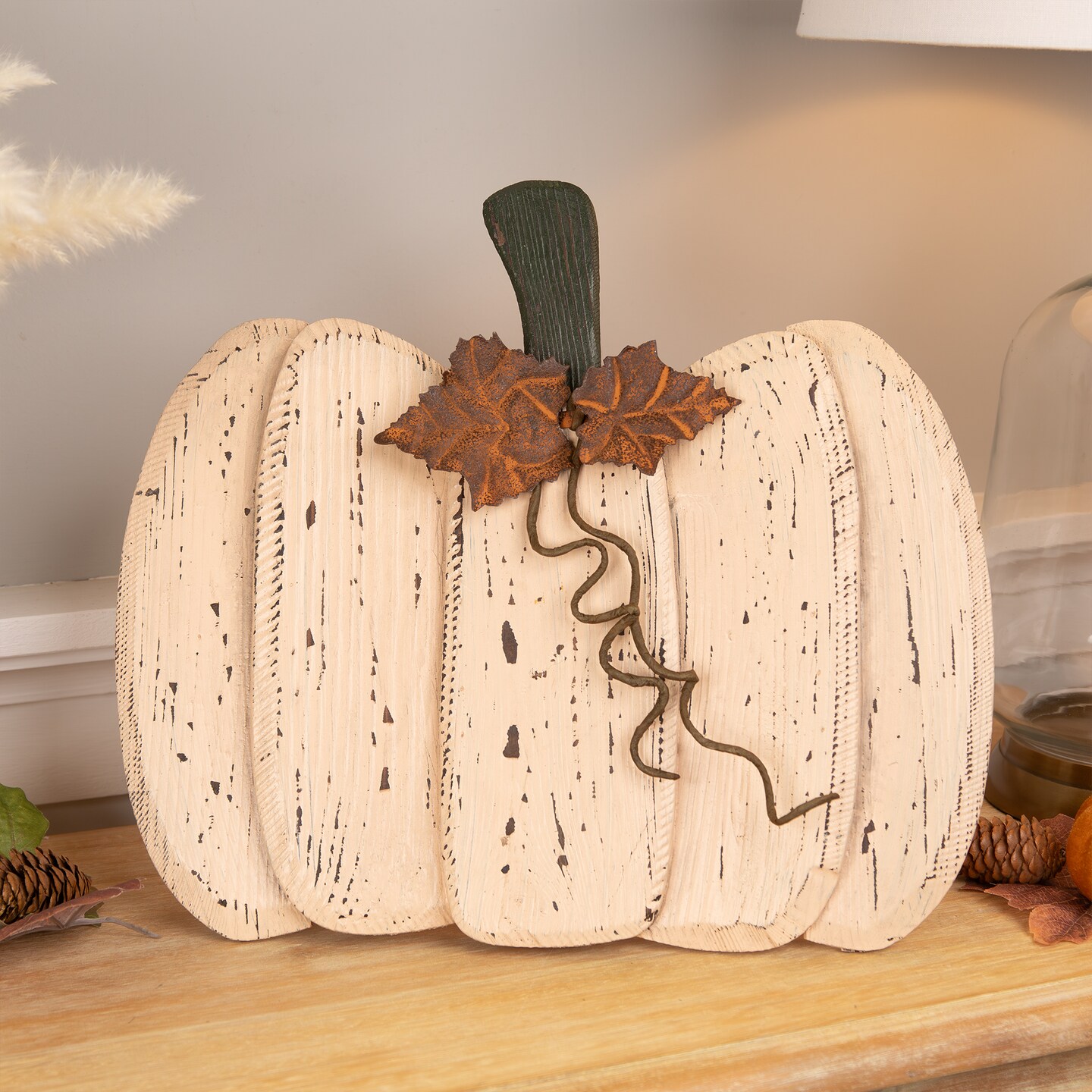 Northlight Rustic Wooden Fall Harvest Pumpkin with Leaves and Stem - 15 ...