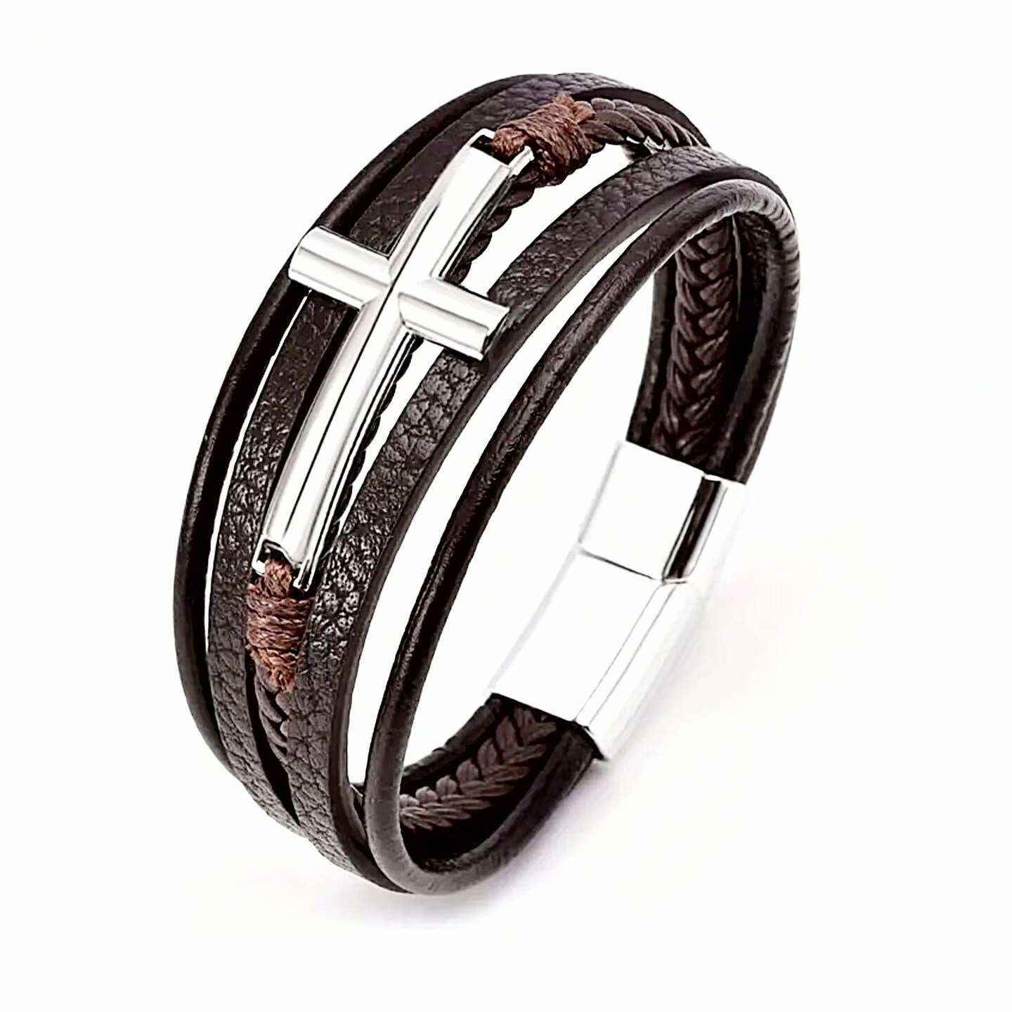 Genuine Leather Cross Bracelet with Magnetic Clasp, Free Gift Box ...