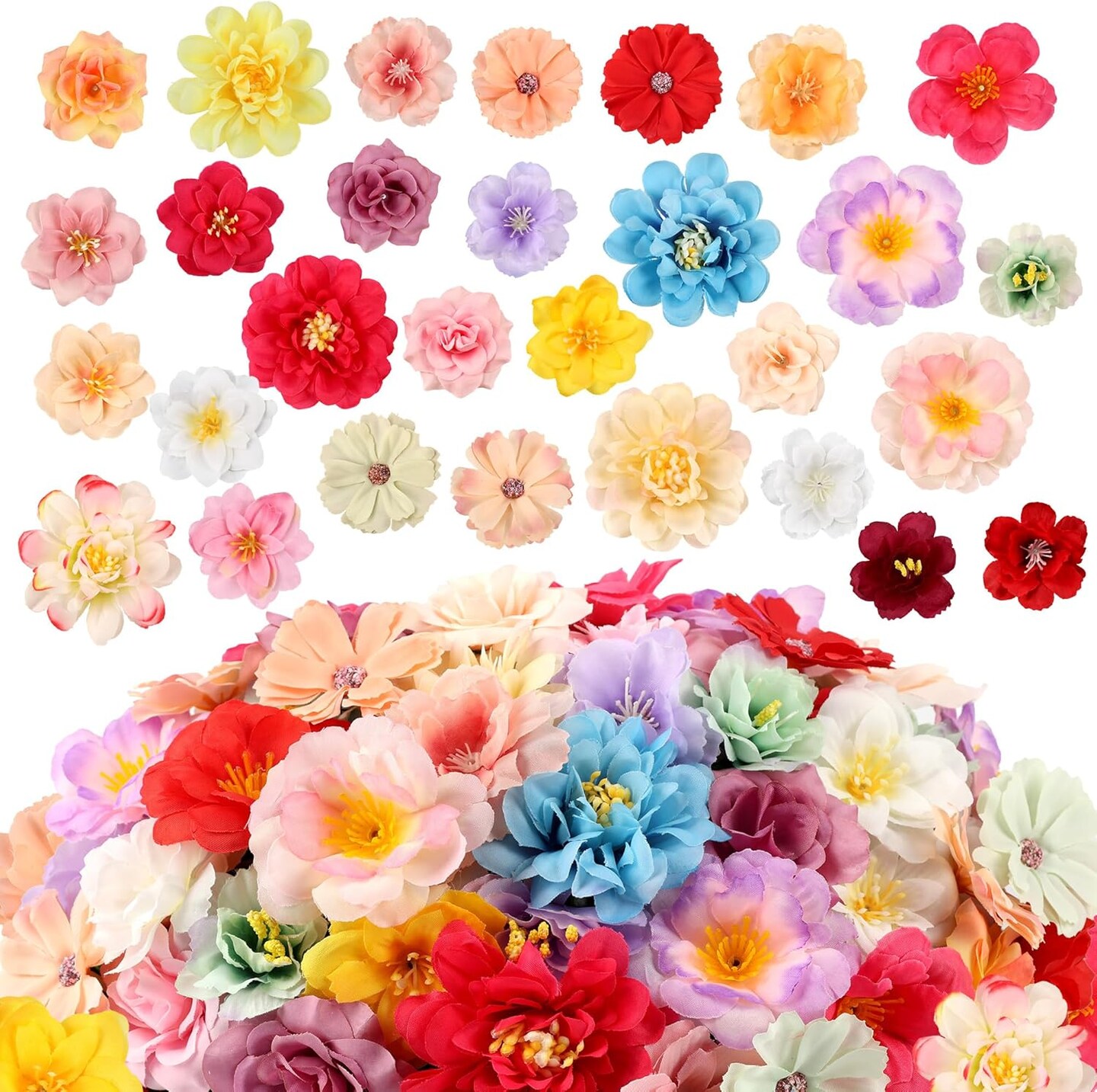 210 Pcs Mini Silk Flower Heads – Bulk Faux Roses, Daisies & Sunflowers ...