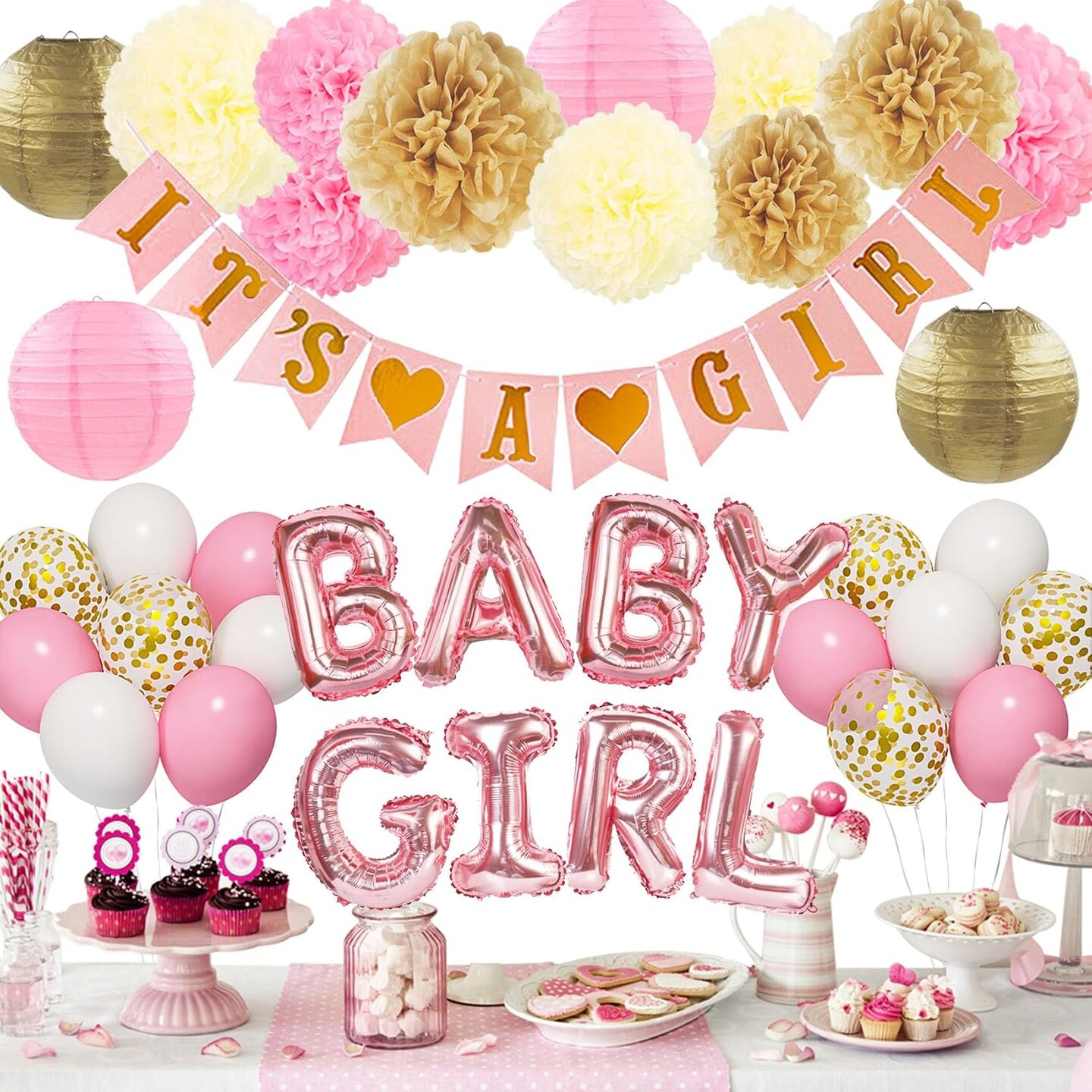 Party Pink Baby Shower Decorations for Girl with Its a Girl Banner ...