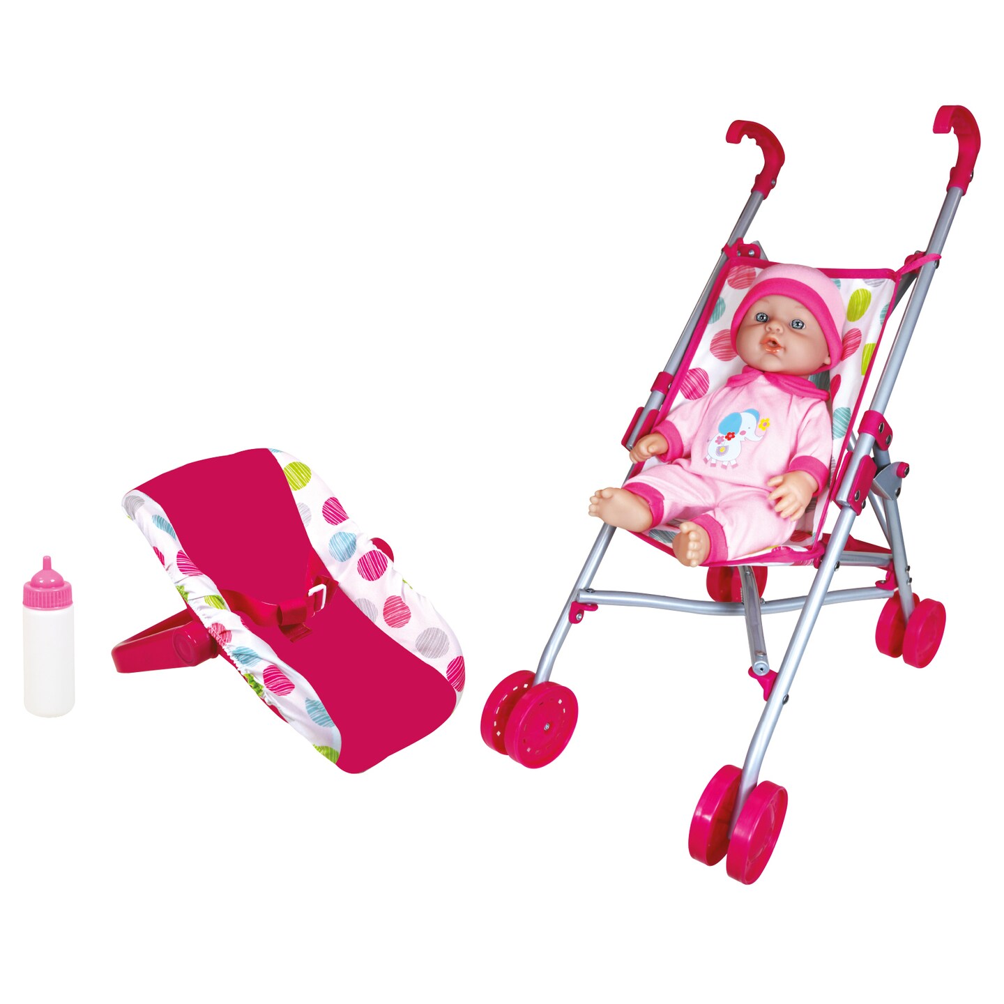 Lissi: 12" Baby Doll & Push-Carry Travel Set - Pink Elephant Onesie ...