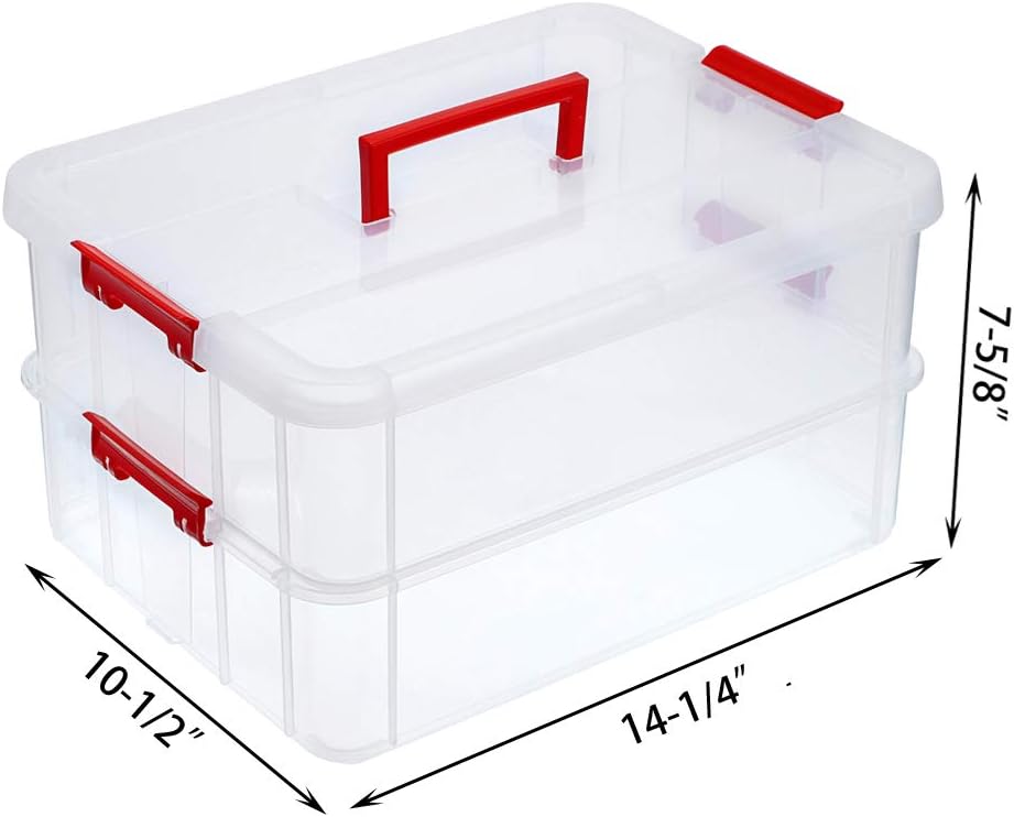 JUXYES 2-Tiers Stack Carry Storage Box With Handle, Transparent ...