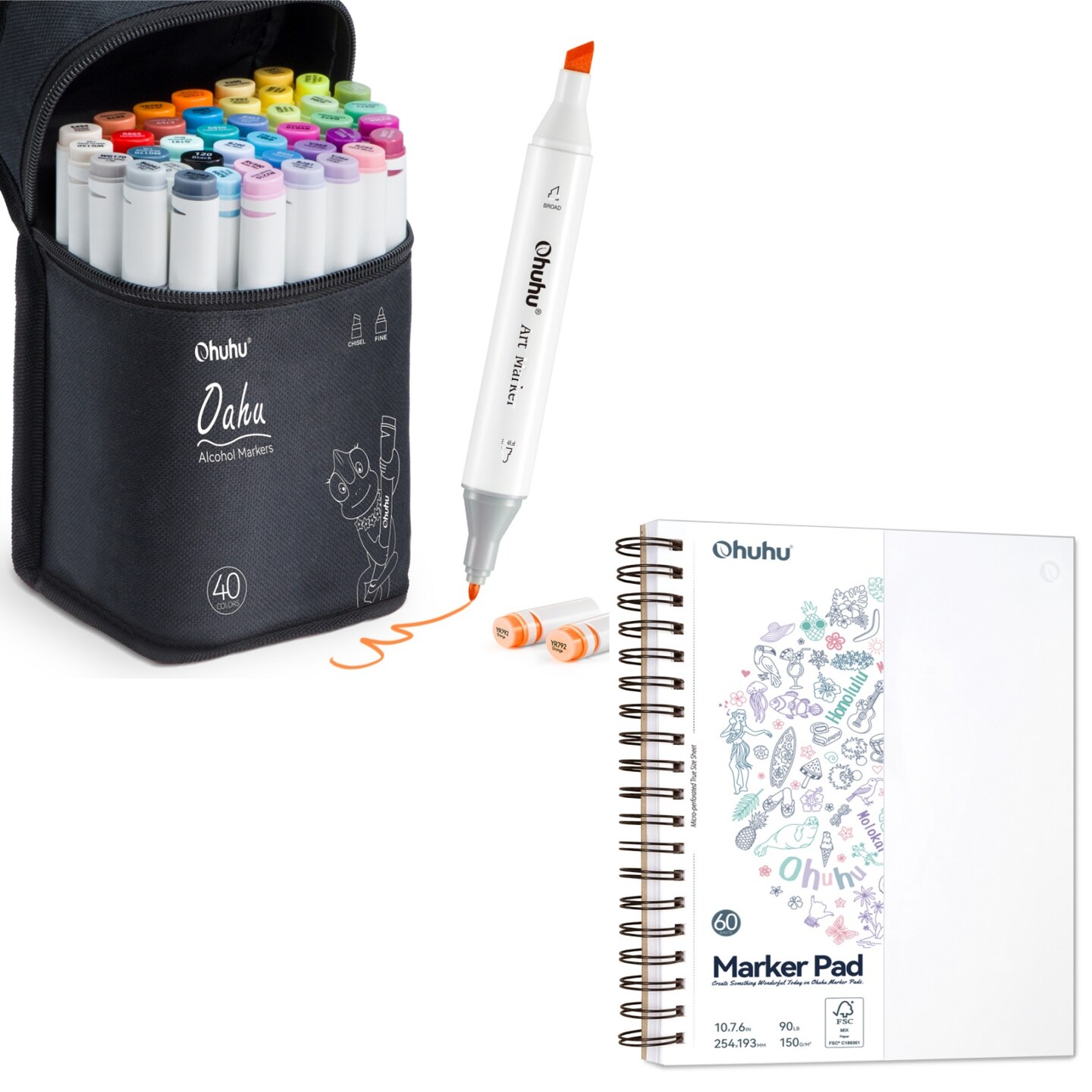 Ohuhu Oahu 40 Colors Alcohol Markers + 7.6" x 10" Double-Sided ...