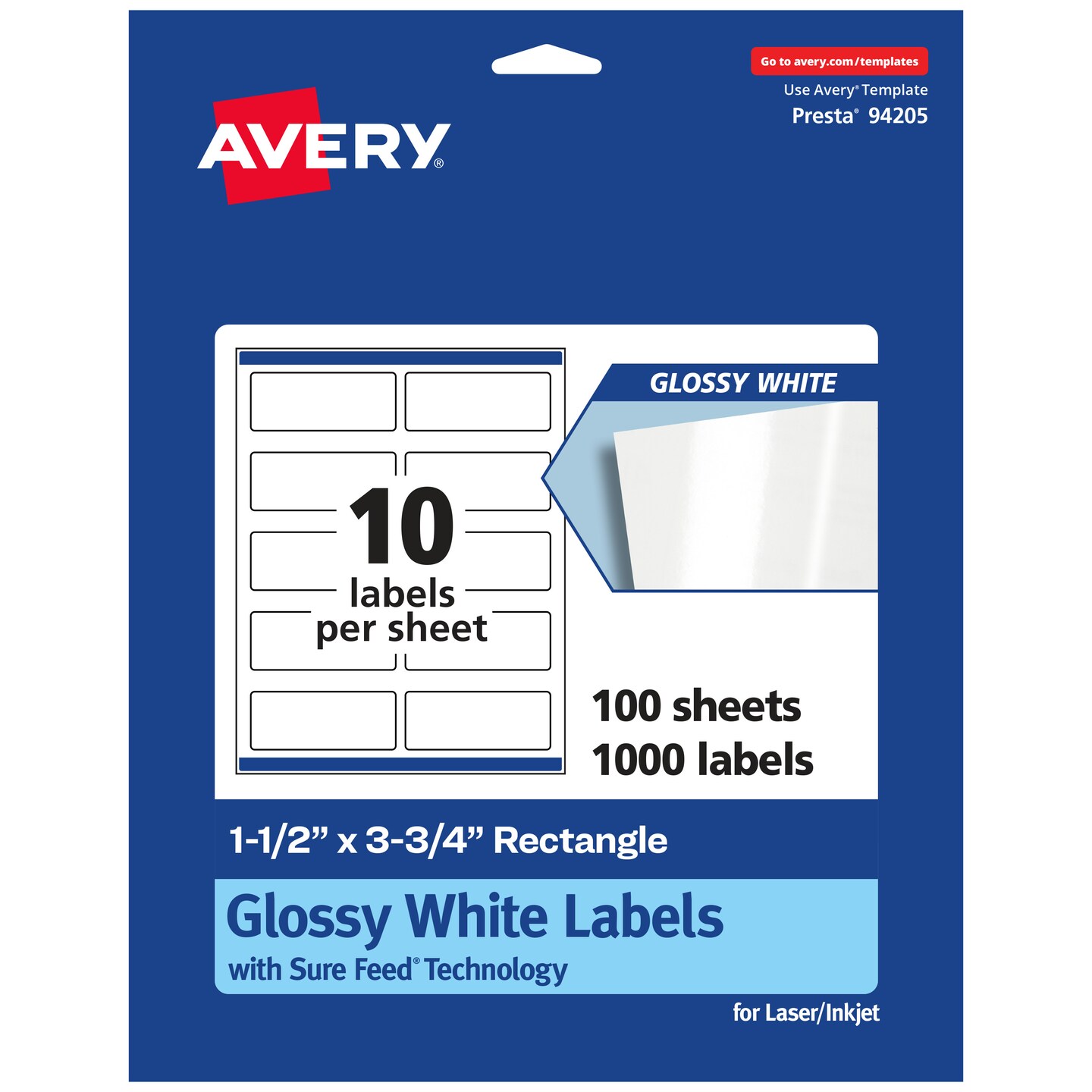 Avery Glossy White Rectangle Labels with Sure Feed, 1.5" x 3.75", Color ...