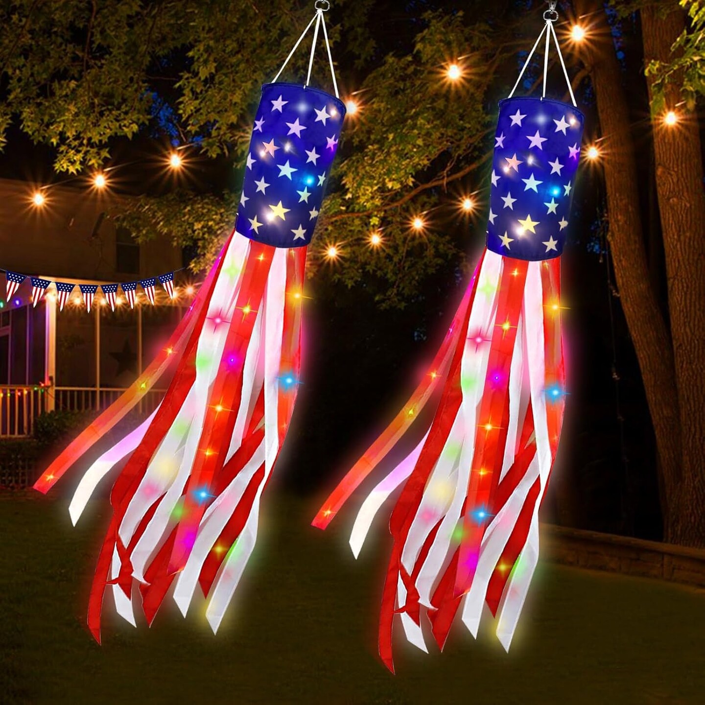 2 Pcs 60" Large American USA Flag Windsocks with 40 LED Light, 4th of ...