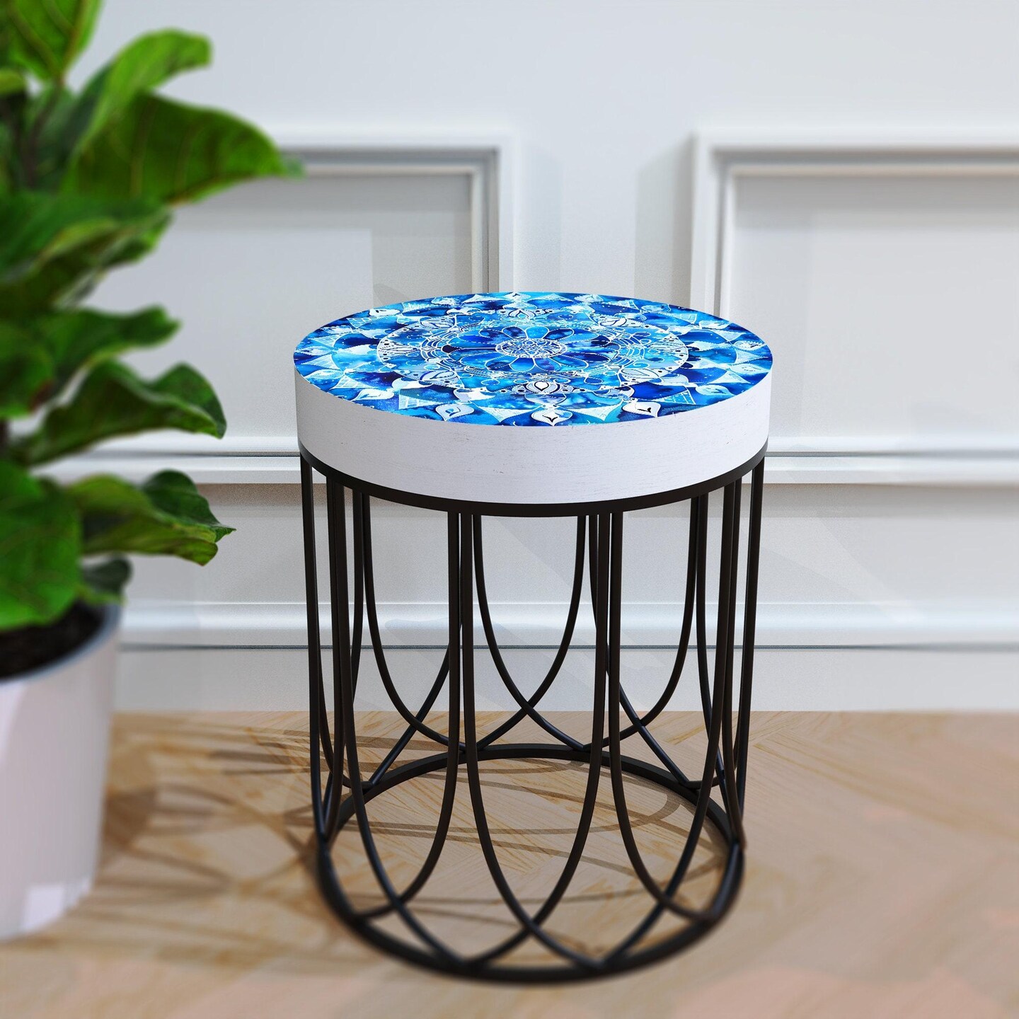 Moroccan Blue Tiles Accent Table • Farmhouse Style • Round End Table ...