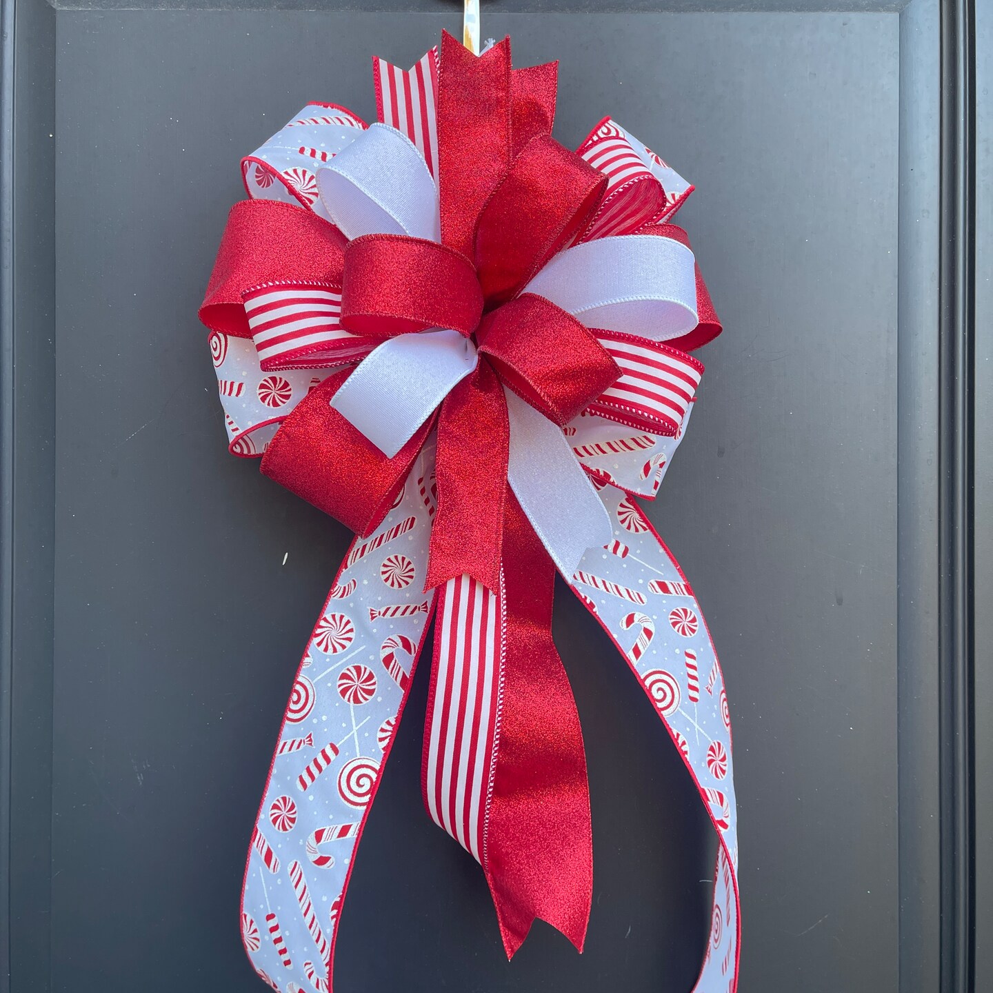 Christmas Candy Cane Wreath Bow, Red and White Peppermint Bow for ...