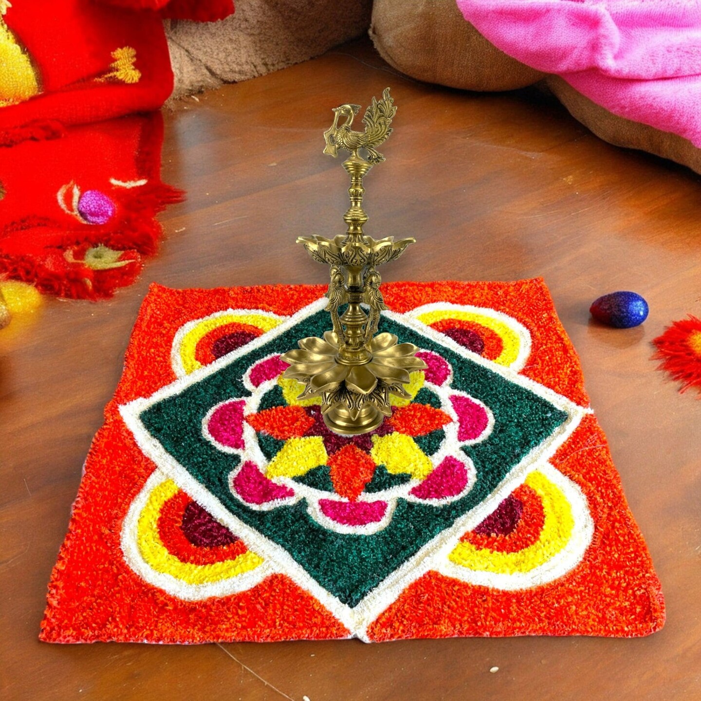 Faux Fur Yarn Wool Rangoli Mat Canvas Base Aasan Indian Traditional ...