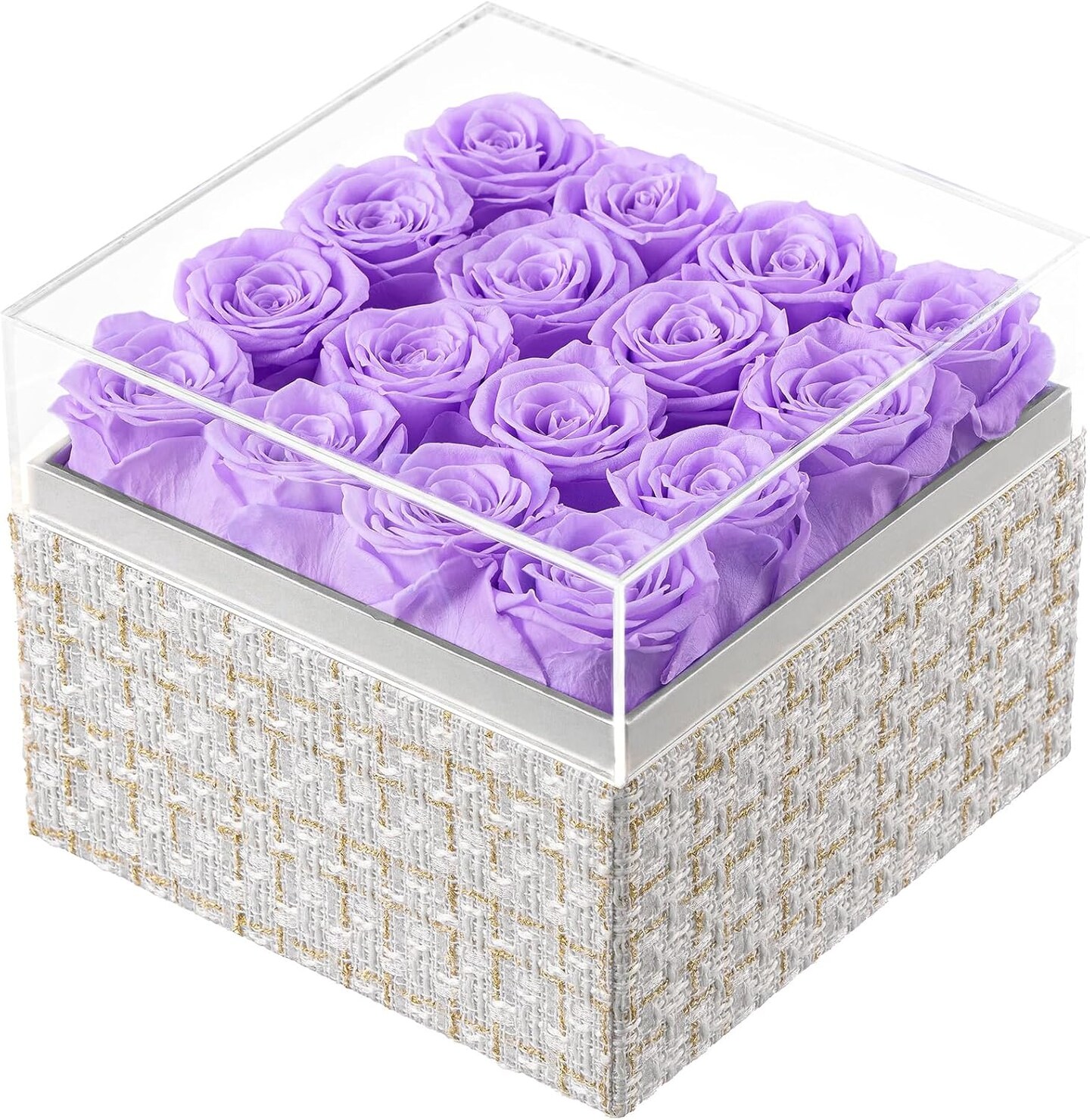 Preserved Roses Real 16 Light Purple Roses (Square Gold White Plaid Box ...