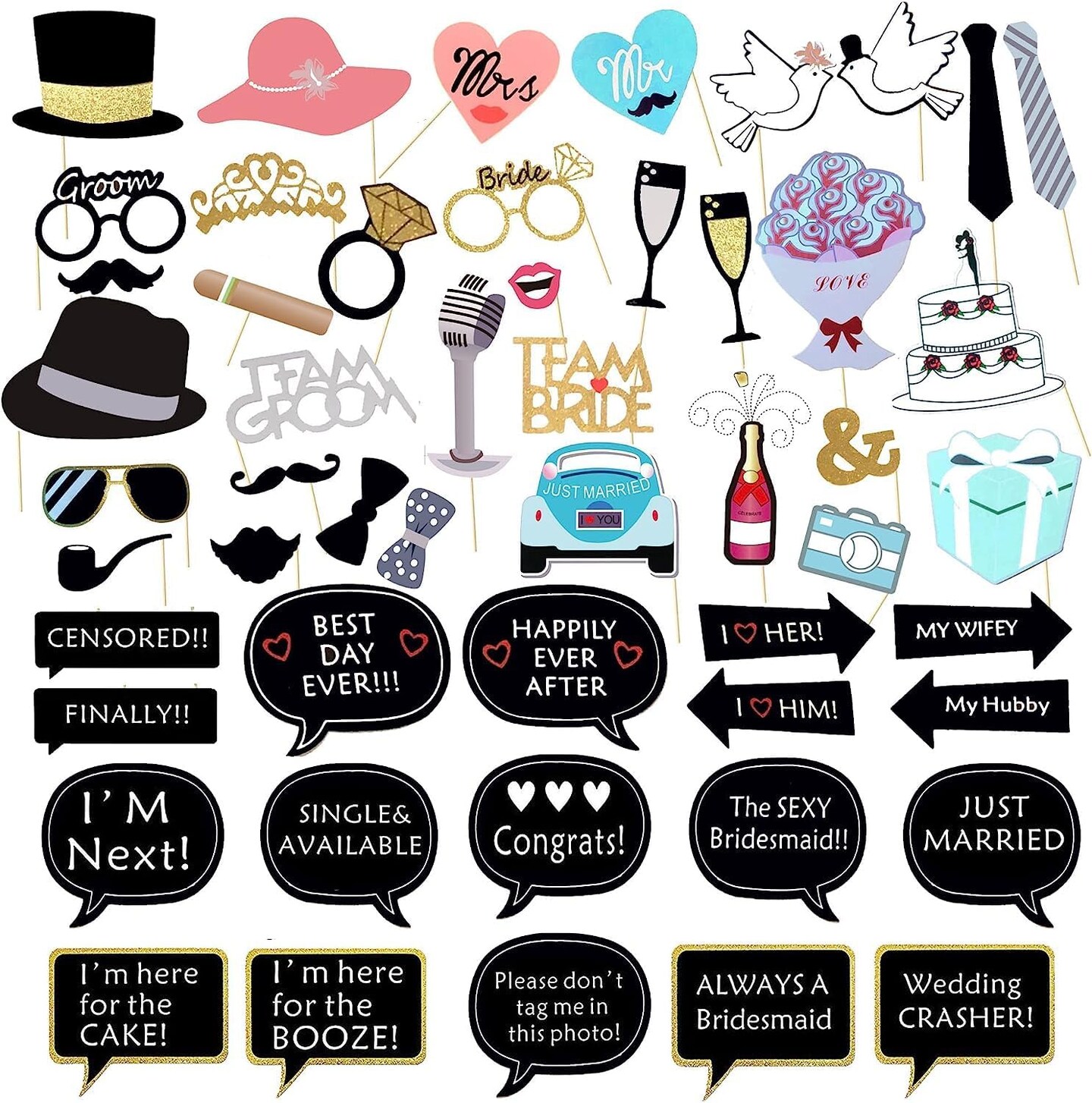 Wedding Photobooth Props Kit, Engagement Photo Booth Accessories with ...