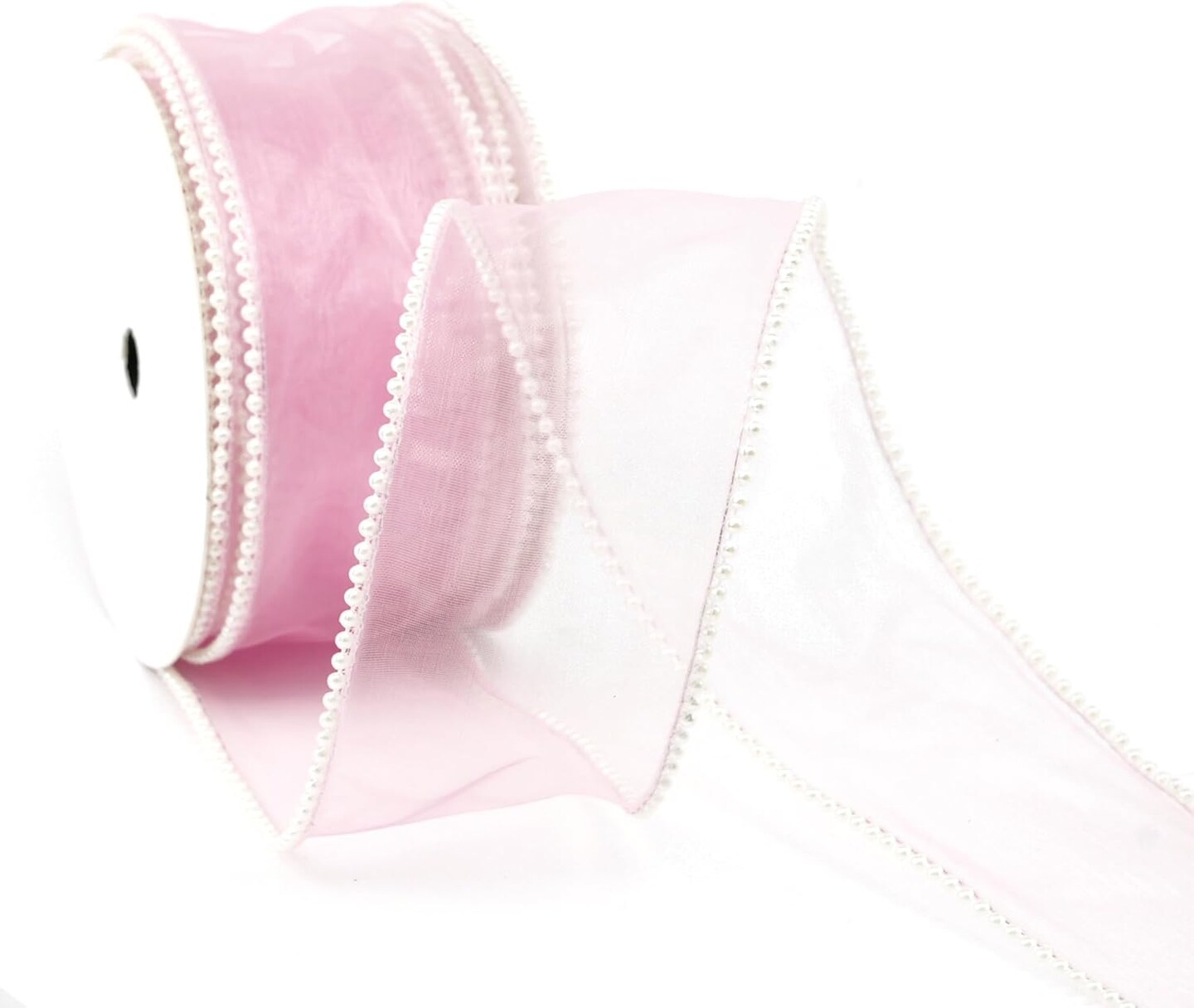 2.5 Inch Pink Sheer Organza Wired Ribbon with White Beaded Pearl Edge ...
