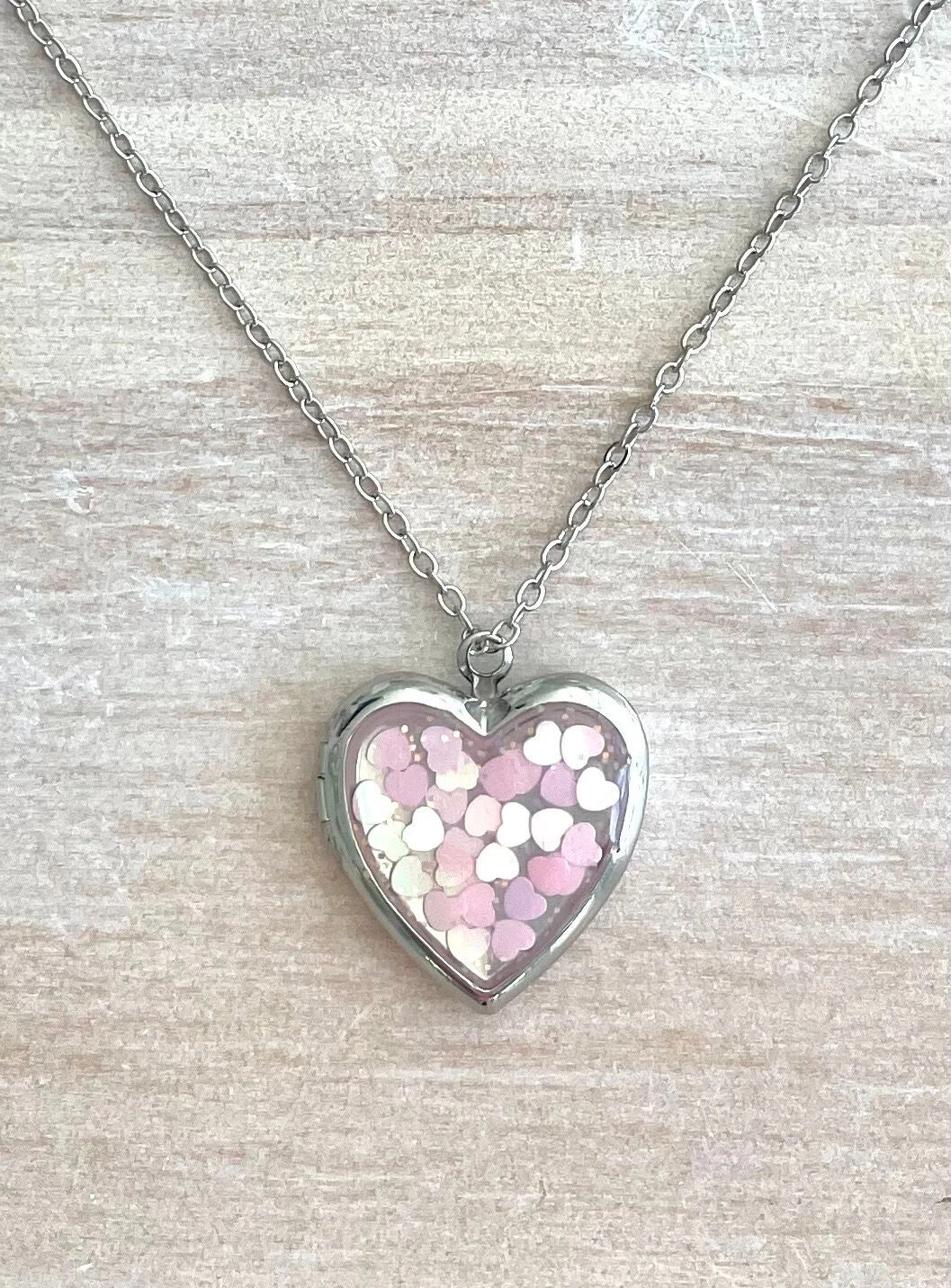 Girls Pink Heart Locket in Silver, Girls Heart Locket Necklace, Gift ...