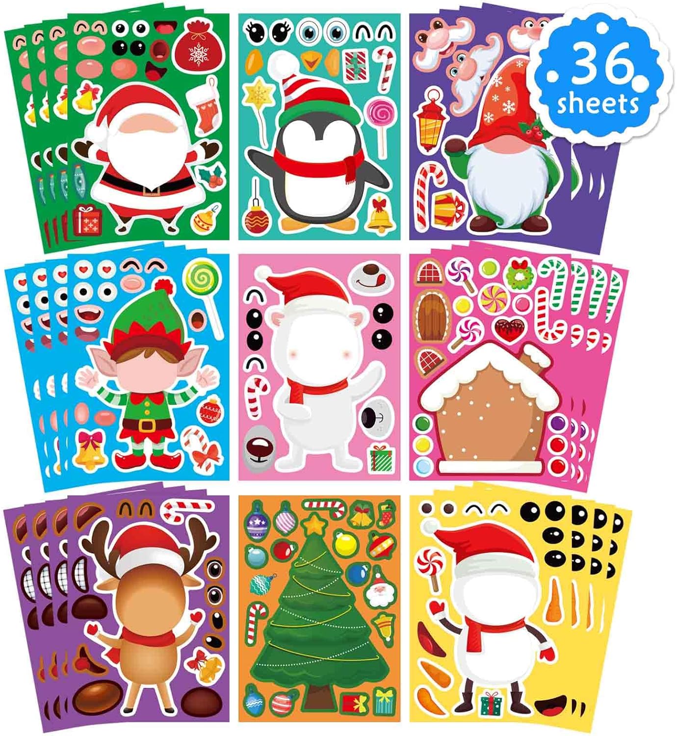36 Sheets Christmas Make a Face Stickers for Crafts Make Your Own ...