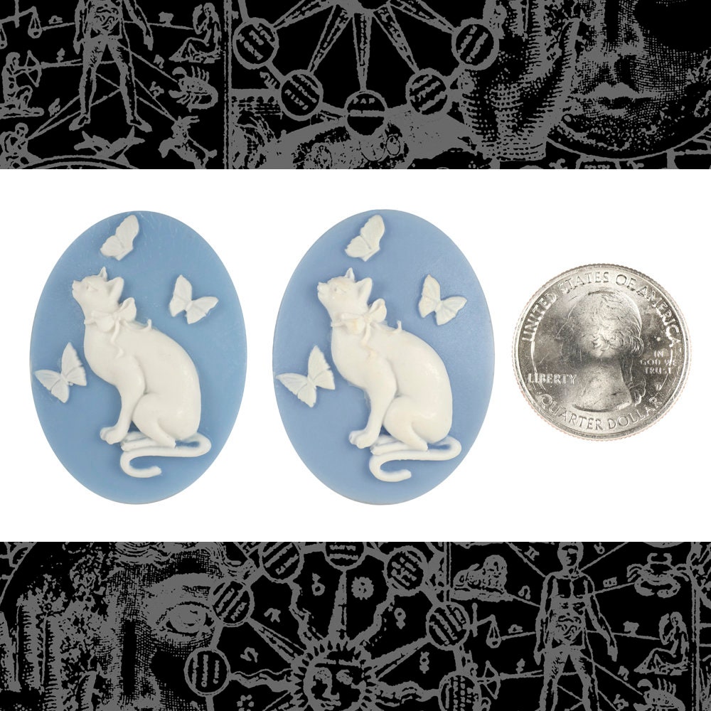 White Cat and Butterflies Cameos - Cameos on Wedgwood Blue 30mm x 40mm ...