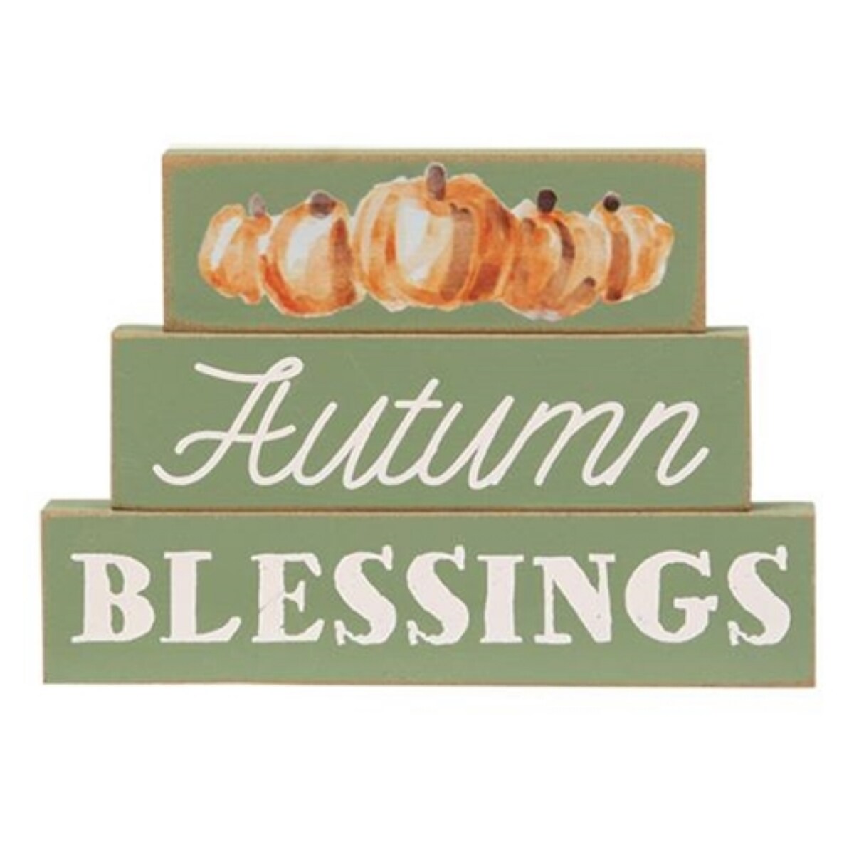 Green Wooden Rustic Autumn Blessings Block Set of 3 with Pumpkin Design ...