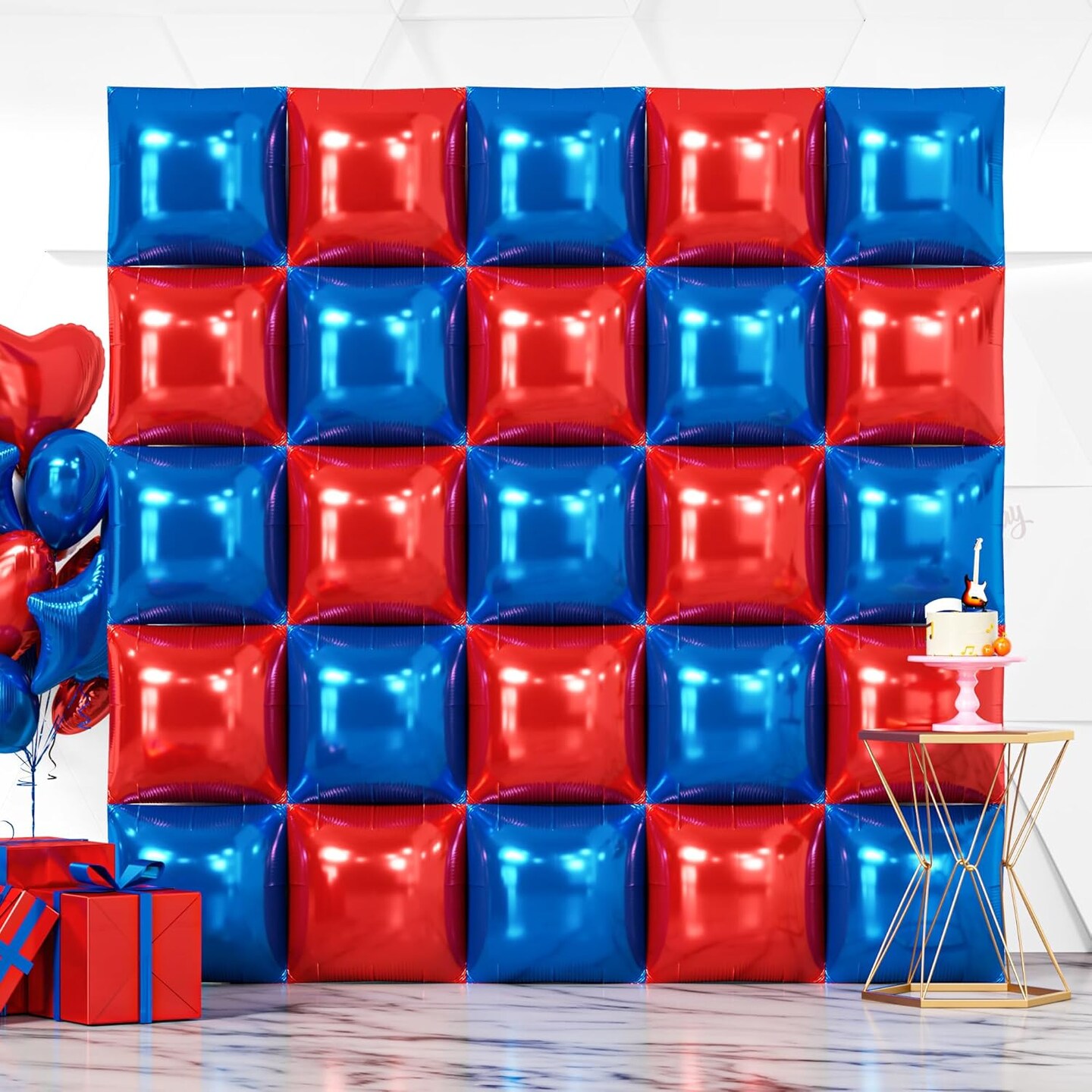 25PCS Red Blue Square Foil Balloons Wall Backdrop Double Sided Red Deep ...